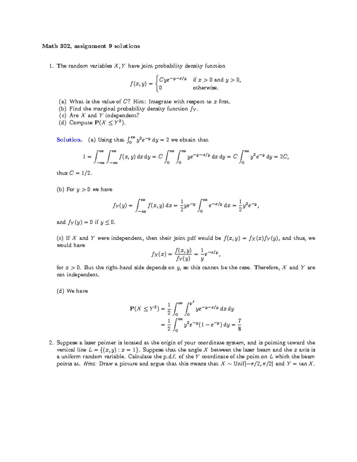 Assignment 9 - Solution (2021-2022 Winter Term 1) - Math 302, assignment 9 solutions The random ...