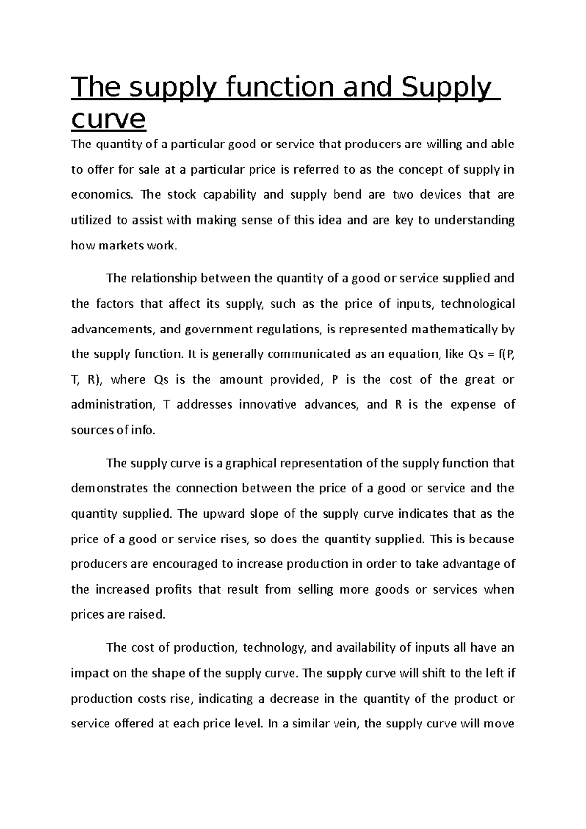 The Supply Function And Supply Curve The Supply Function And Supply Curve The Quantity Of A