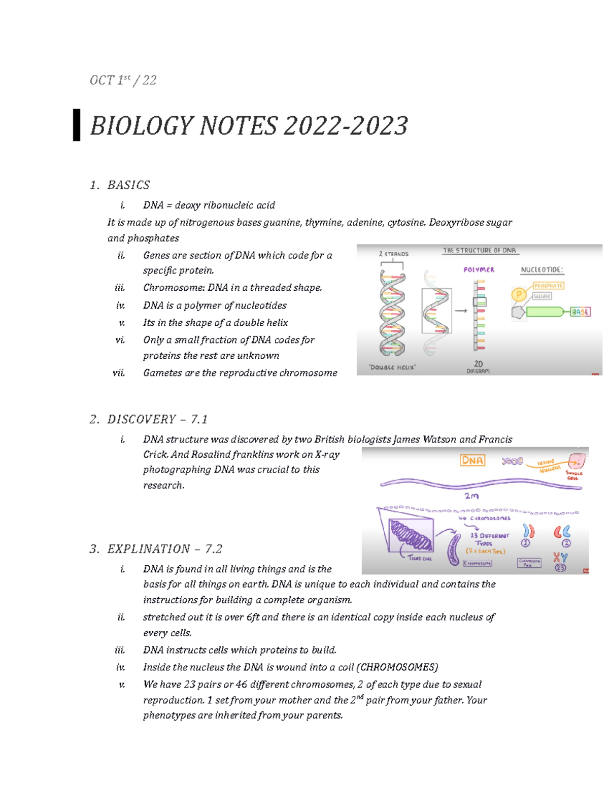 OCT 1st - Summary on DNA RNA mainly basics just to get memory refreshed ...