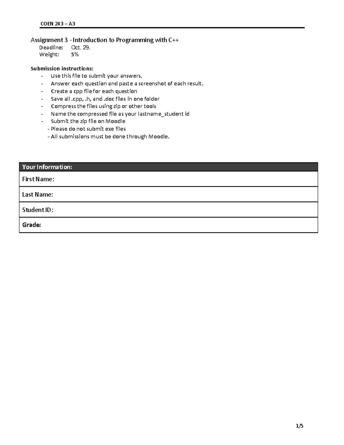 COEN243 A3 F 2023 V2 - assignement 3 - COEN 243 – A 3 1 / Assignment 3 - Introduction to ...