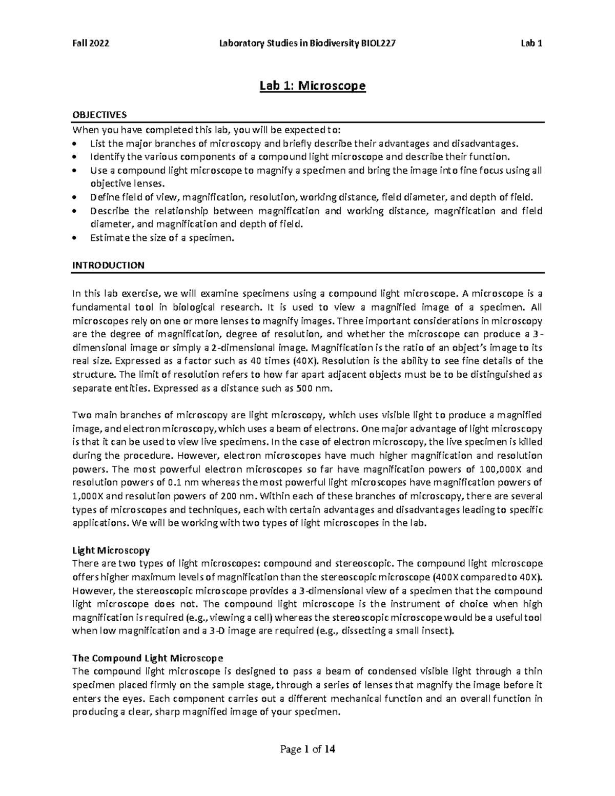 BIOL 227 L1 F2022 Microscope - Lab 1: Microscope OBJECTIVES When you ...