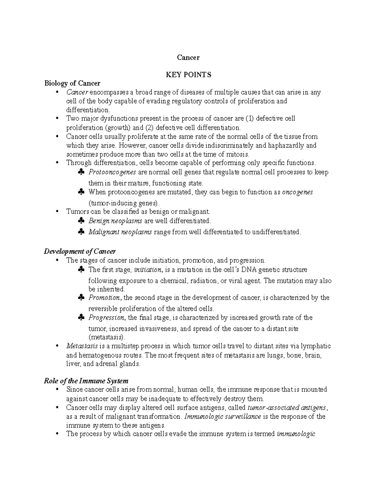 Cancer Keypoints - Cancer KEY POINTS Biology of Cancer Cancer ...