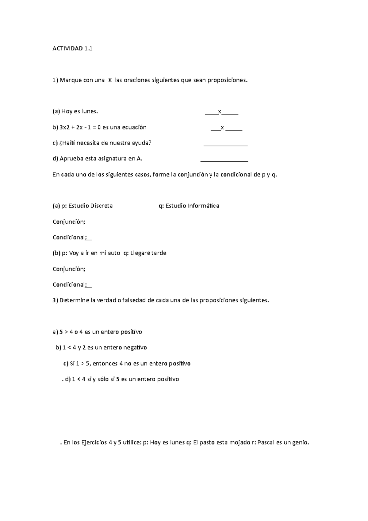 238021 practica de logica - ACTIVIDAD 1. Marque con una X las oraciones ...