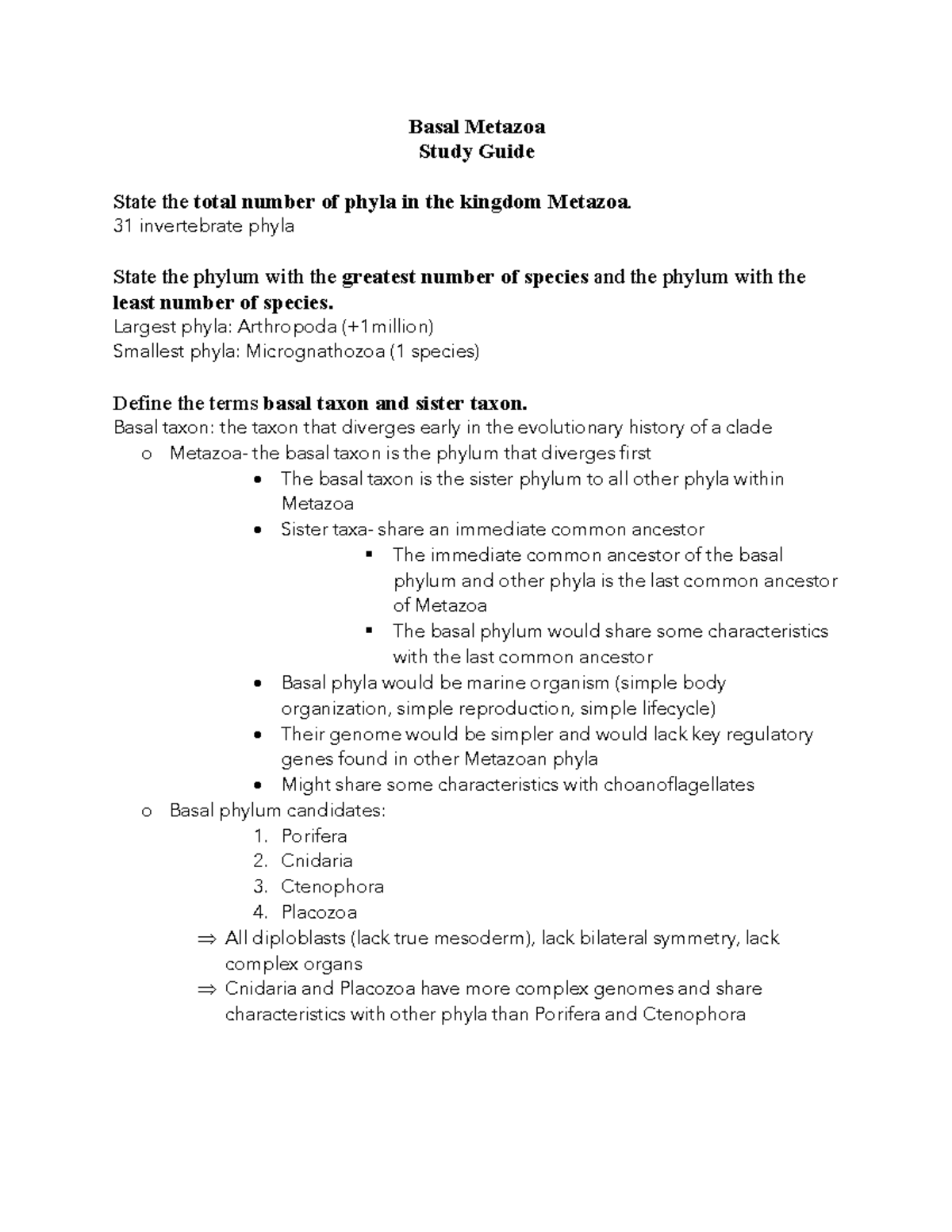 Basal Metazoa - Basal Metazoa Study Guide State the total number of ...