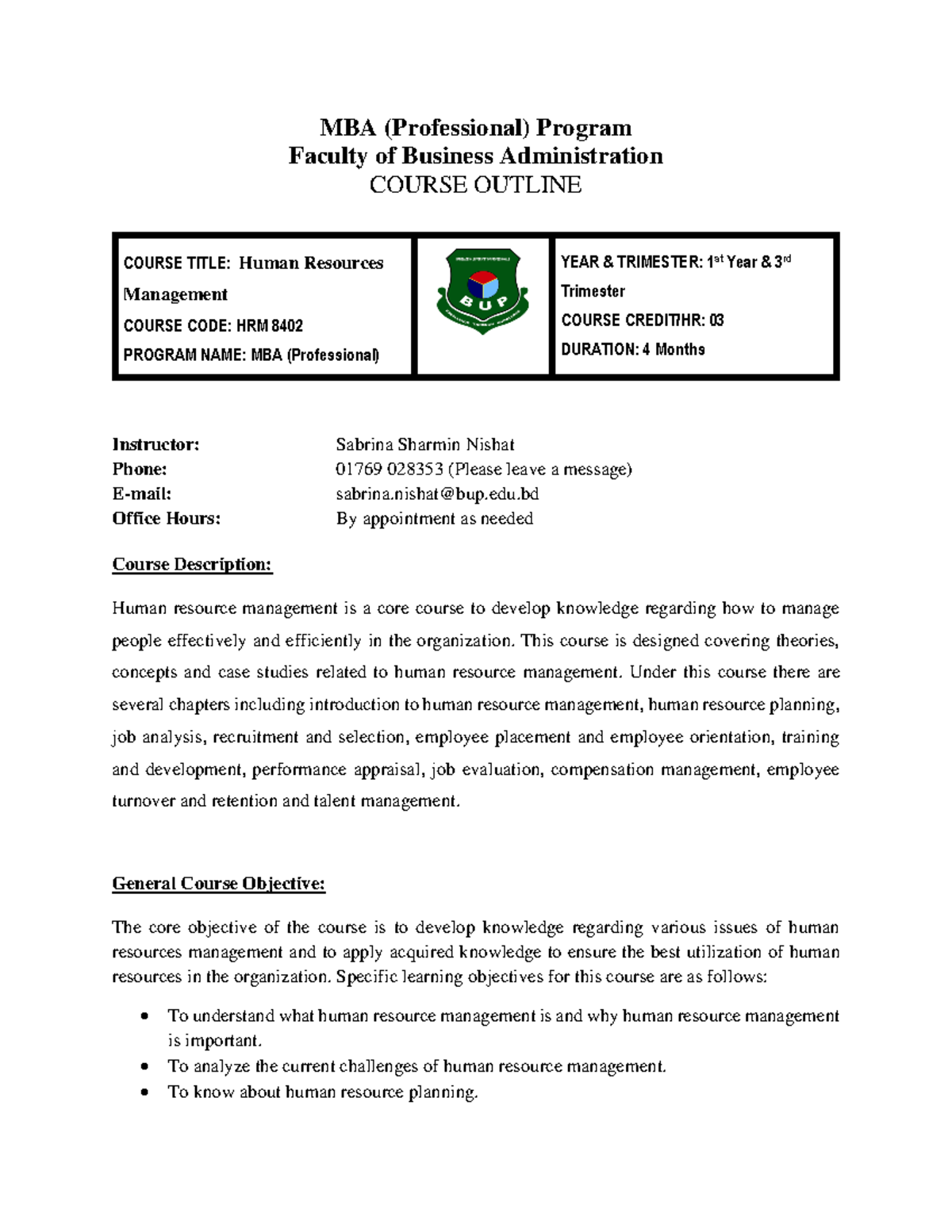 Course Outline HRM MBA Profoessional - MBA (Professional) Program ...