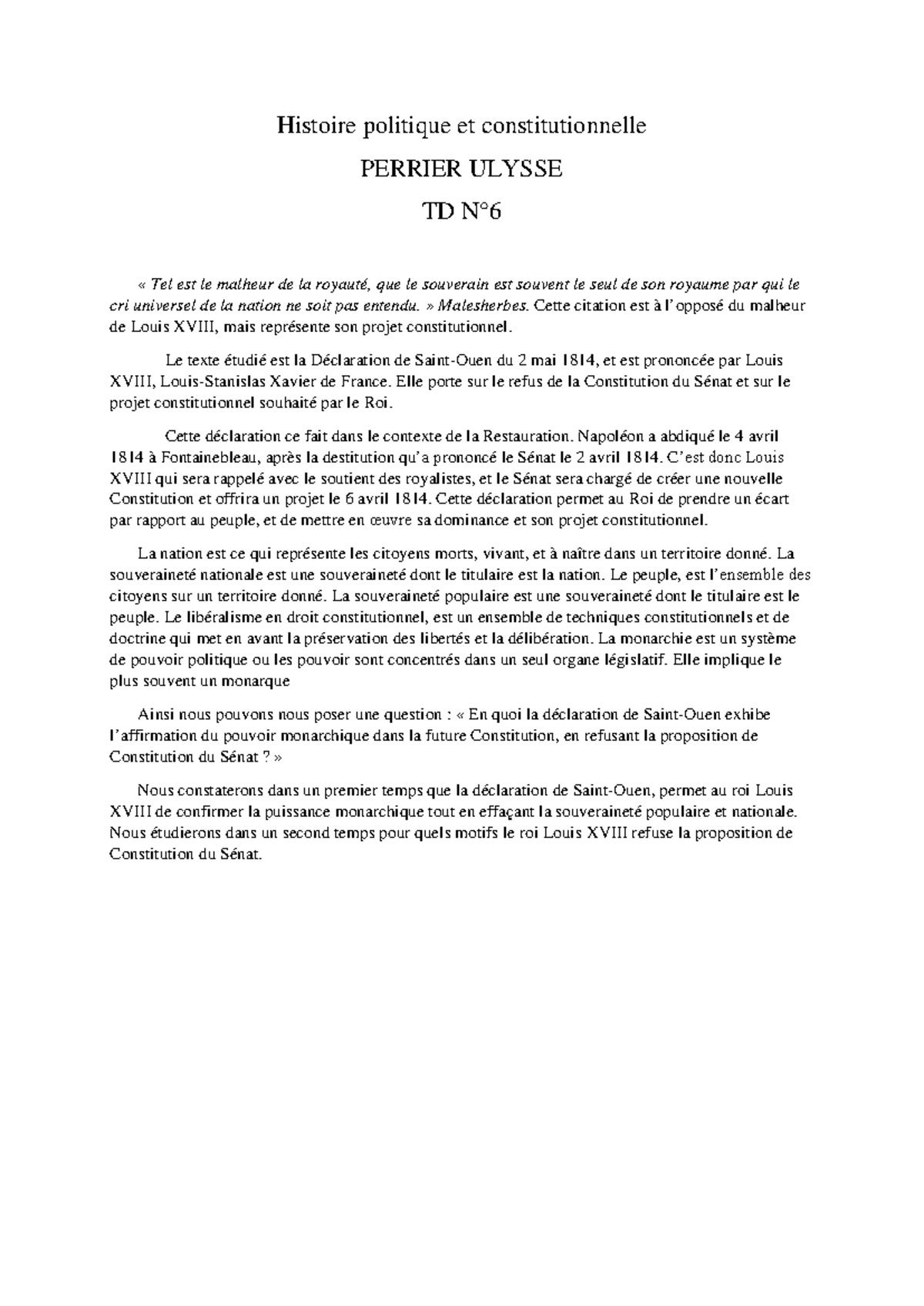 TD 6 - Warning: TT: undefined function: 32 Histoire politique et constitutionnelle PERRIER ...