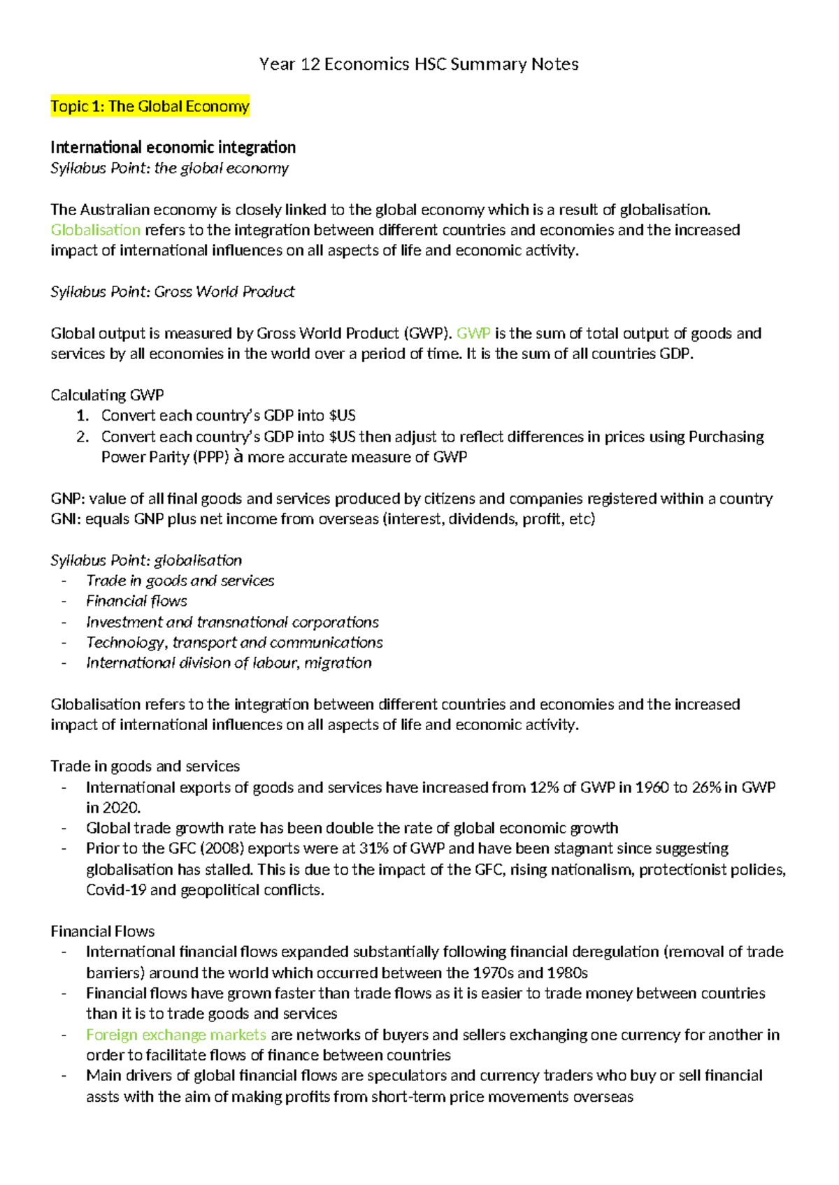 Economics HSC Summary Notes - Year 12 Economics HSC Summary Notes Topic ...