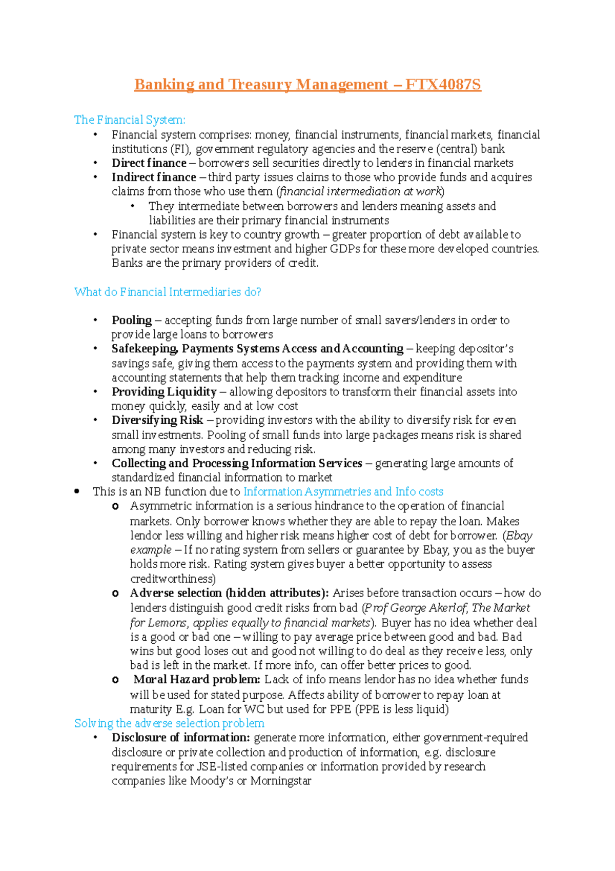 Banking and Treasury Management FTX4087S - Banks are the primary ...