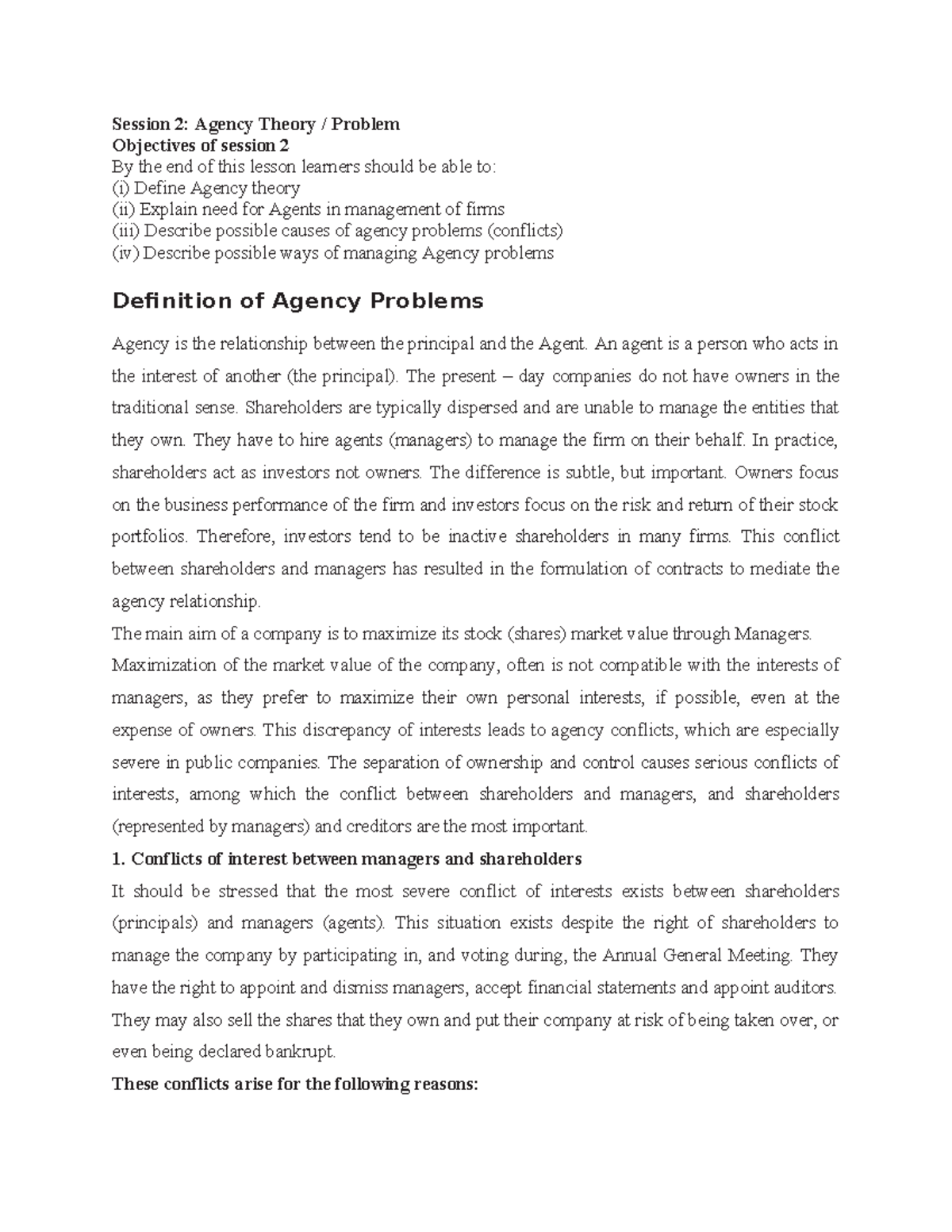 Agency Problems and Their Consequences - Session 2: Agency Theory ...