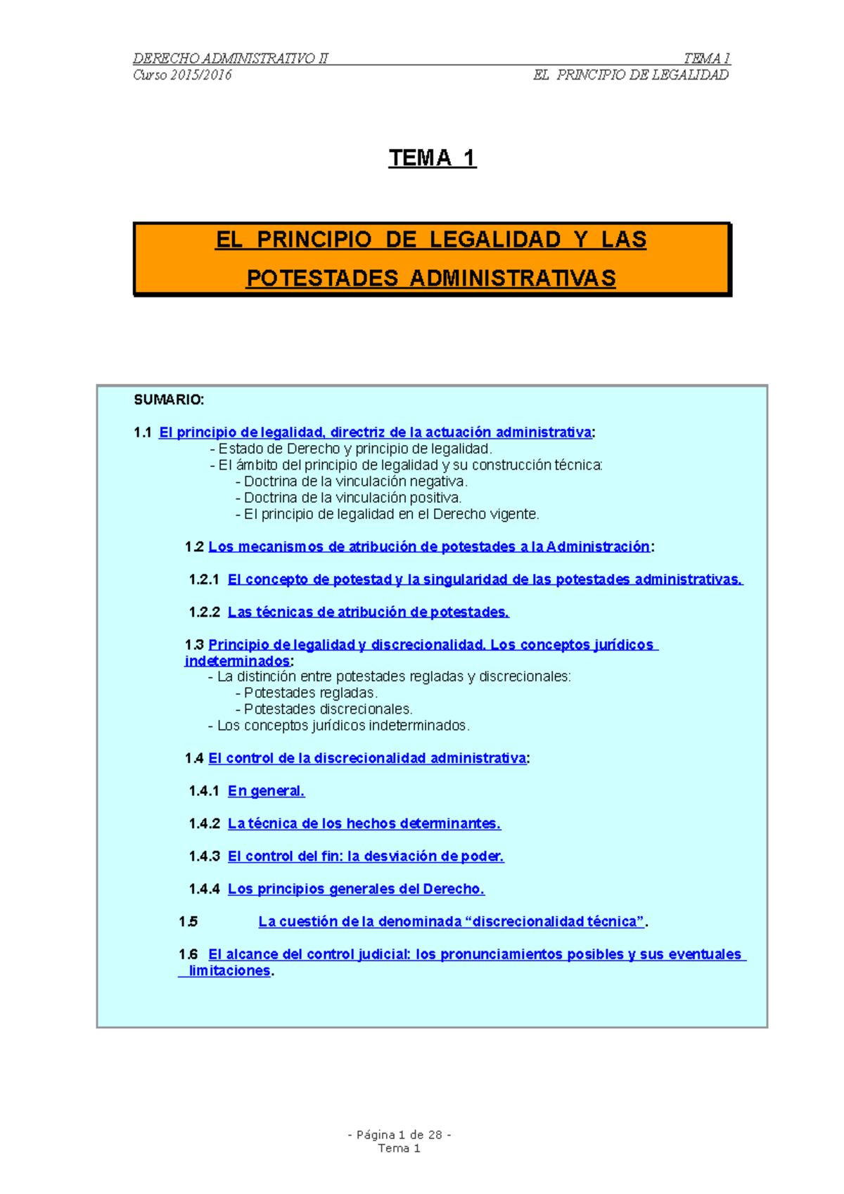 Tema 1. Principio de legalidad (15-16) - DERECHO ADMINISTRATIVO II Curso 2015/2016 TEMA 1 EL ...