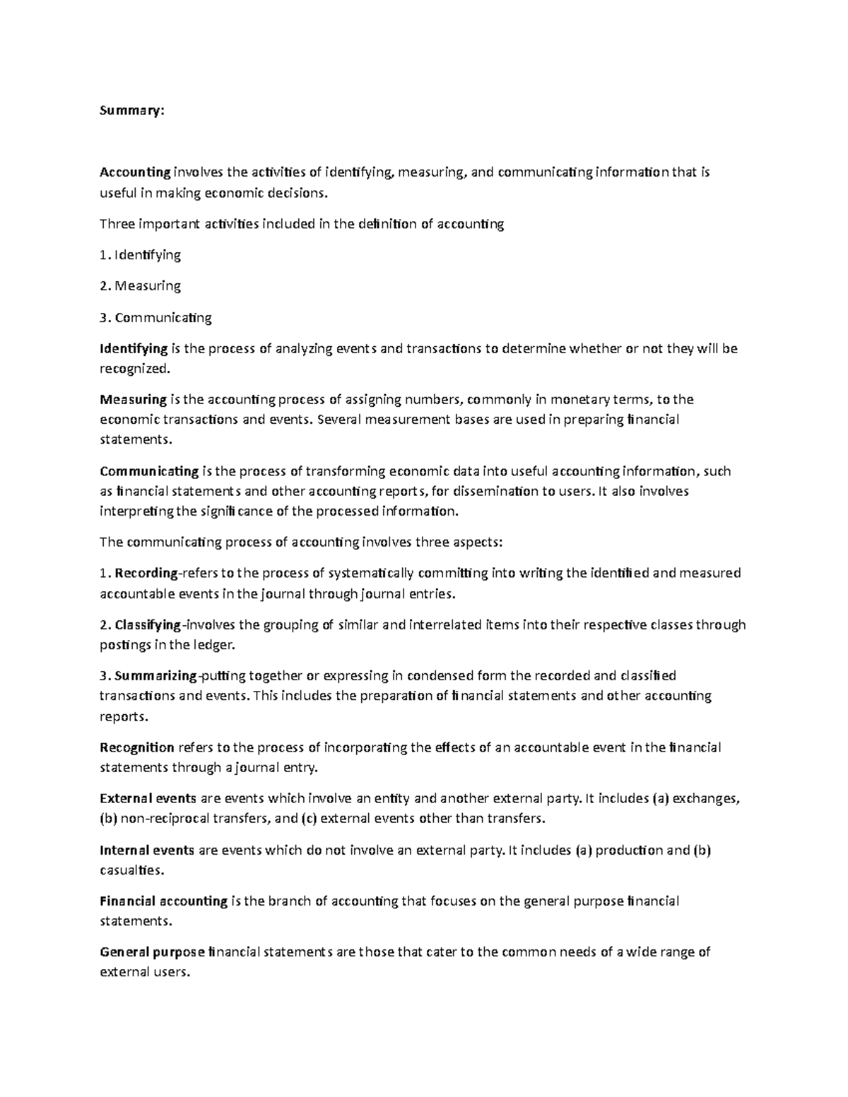 Overview of accounting - Summary: Accounting involves the activities of ...