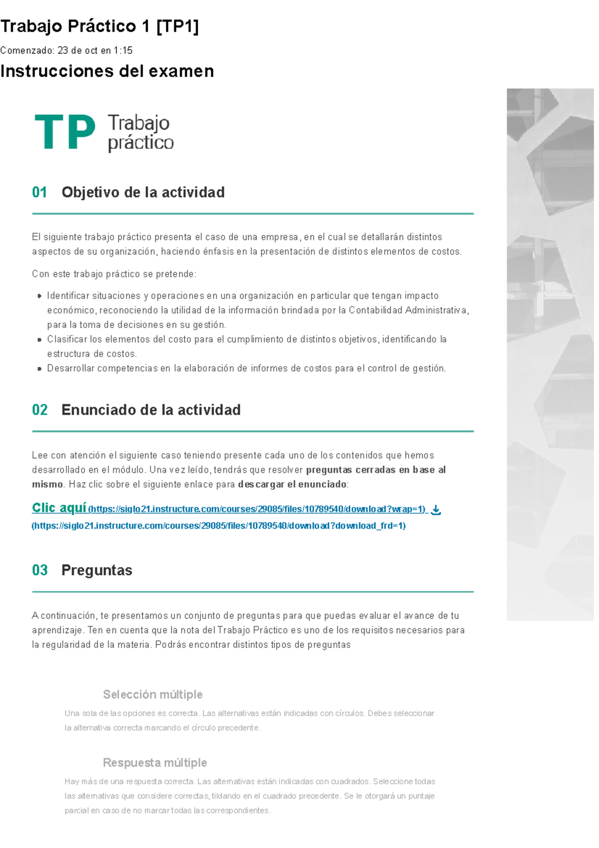 TP1 Contabilidad Costos 90% OCT2023 - Trabajo Práctico 1 [TP1] Comenzado: 23 de oct en 1: - Studocu