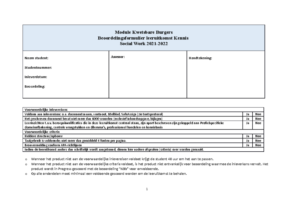 2021-2022 SW Beoordelingsformulier Kennis KB Jeugd - Module Kwetsbare ...