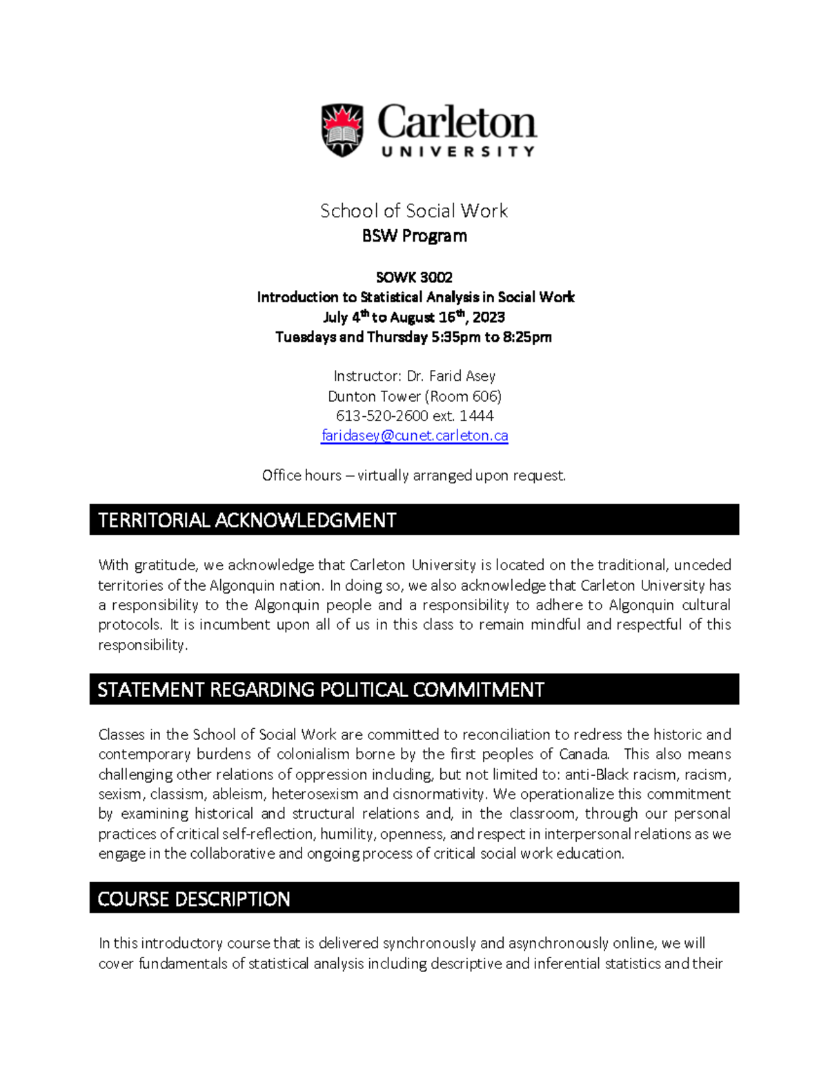 Final Course Outline - SOWK 3002 Late Summer 2023 - Farid Asey - School ...