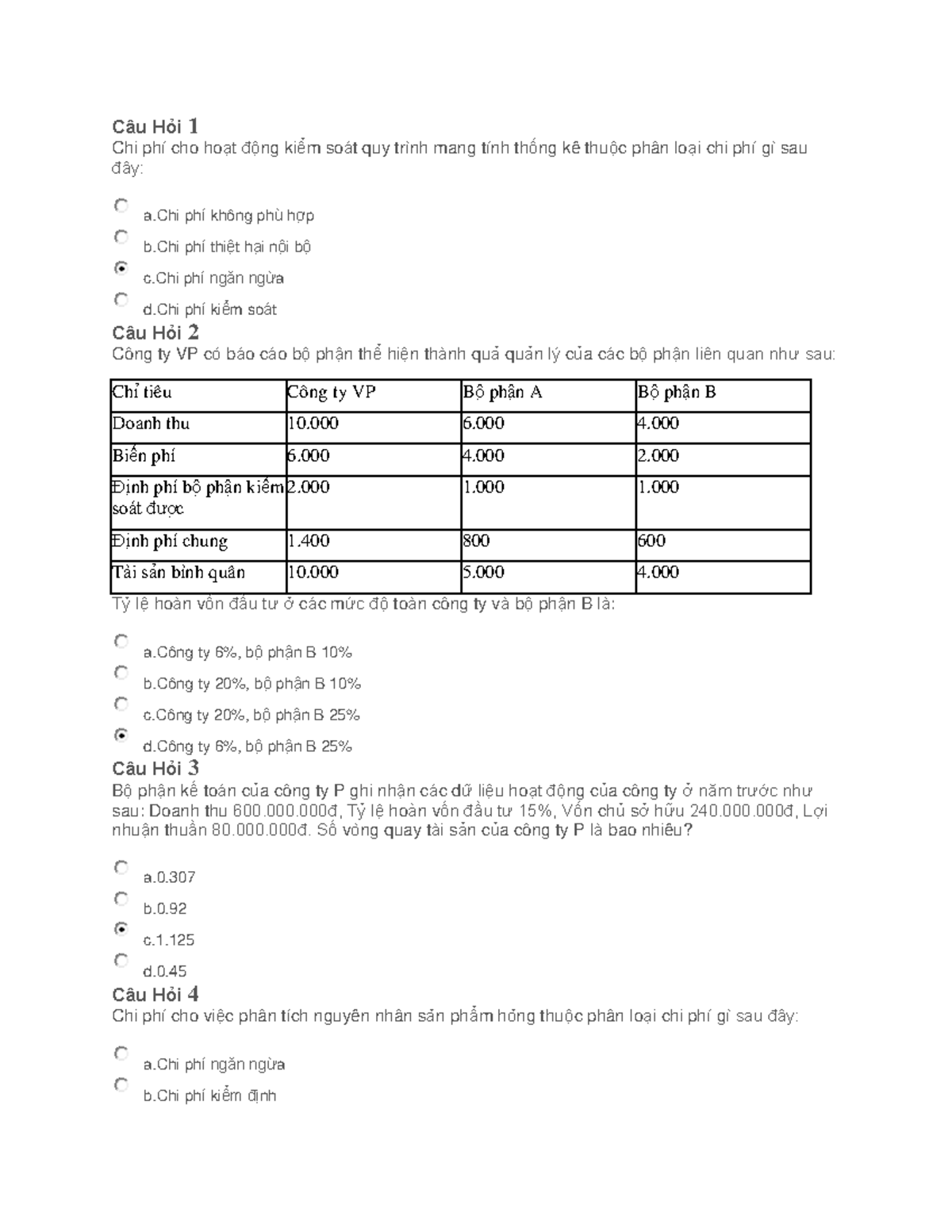 KT LAN 2 - Câu Hỏi 1 Chi phí cho hoạt động kiểm soát quy trình mang tính thống kê thuộc - Studocu
