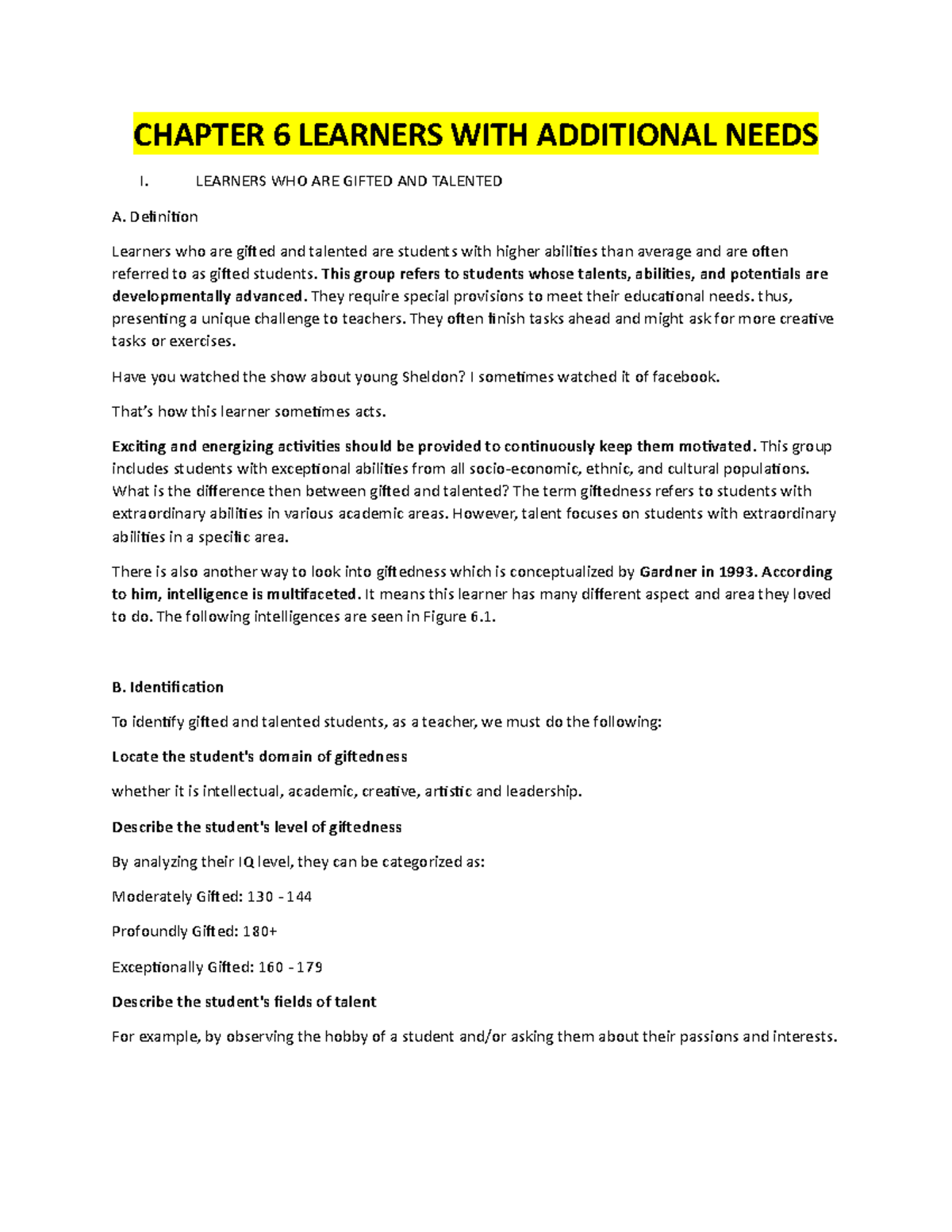 Topics - none - CHAPTER 6 LEARNERS WITH ADDITIONAL NEEDS I. LEARNERS WHO ARE GIFTED AND TALENTED ...