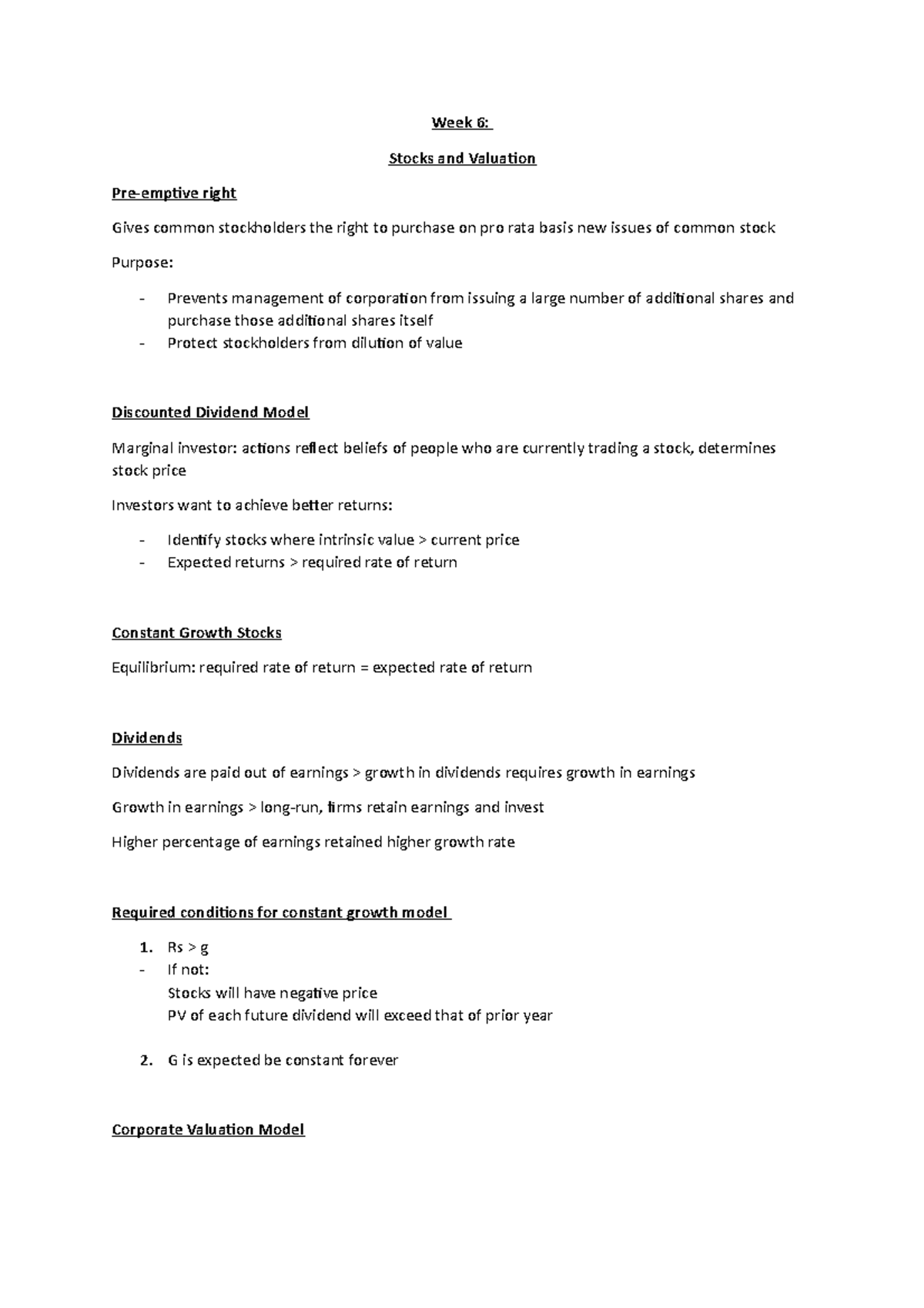 Week 6 - FM Notes - Week 6: Stocks and Valuation Pre-emptive right ...