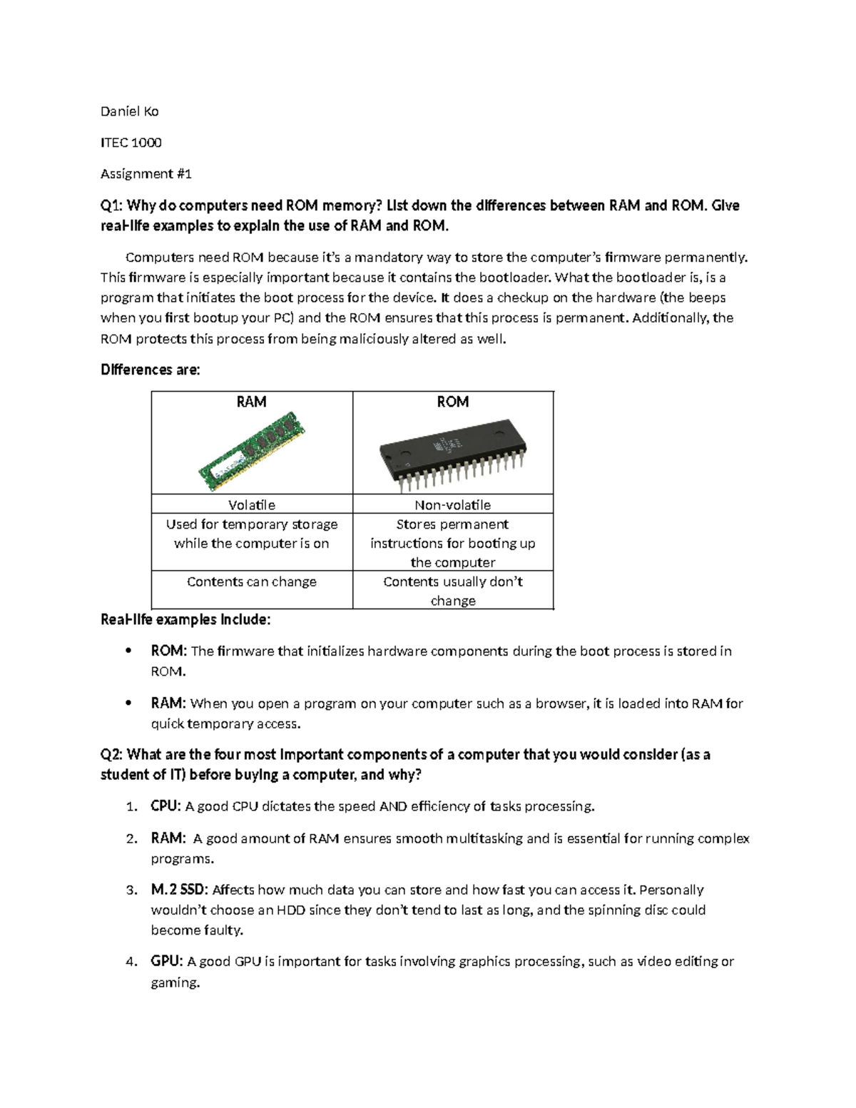 ITEC 1000 Assignment 1: Computer Memory and System Architecture - Daniel Ko ITEC 1000 Assignment ...