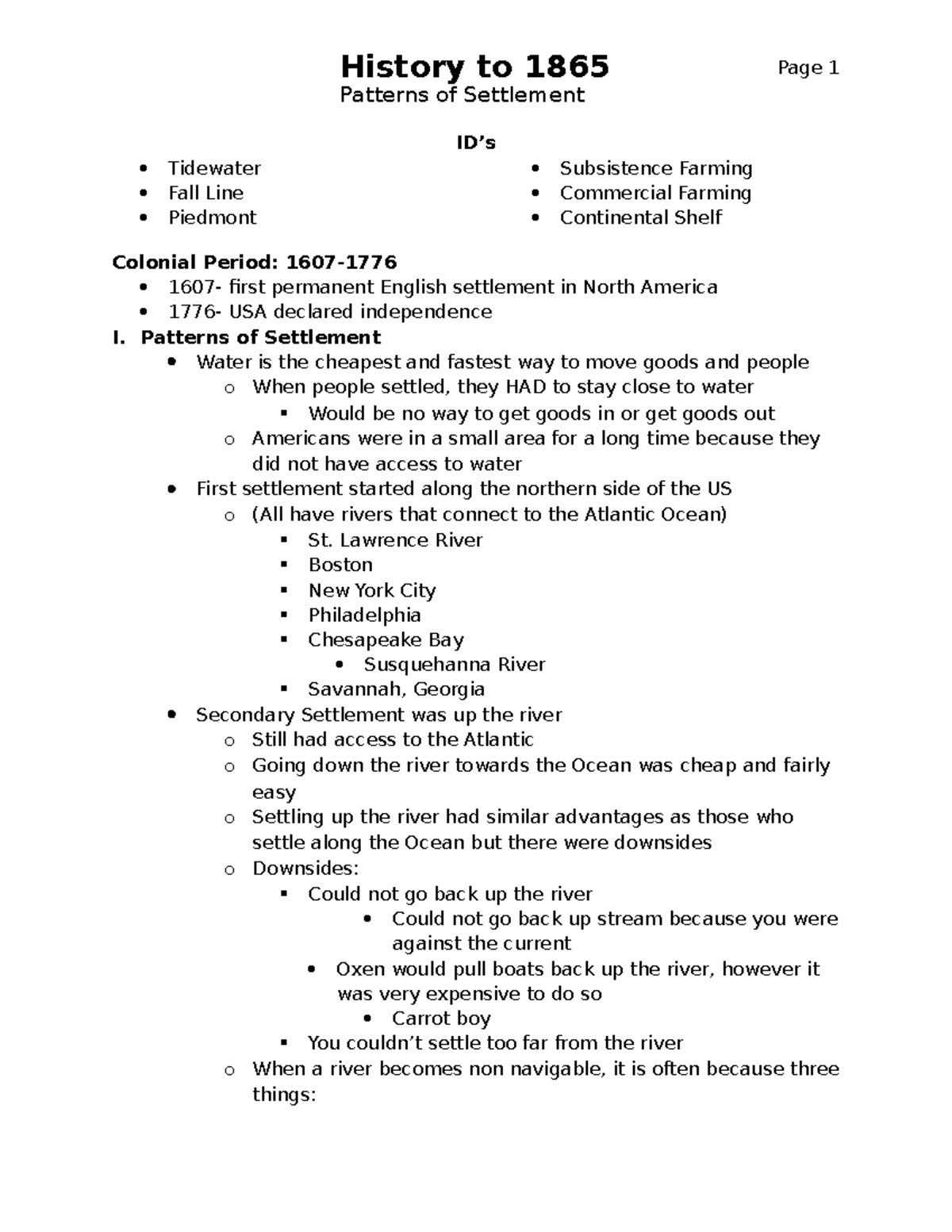 Pattern's of Settlement - History to 1865 Page 1 Patterns of Settlement ...