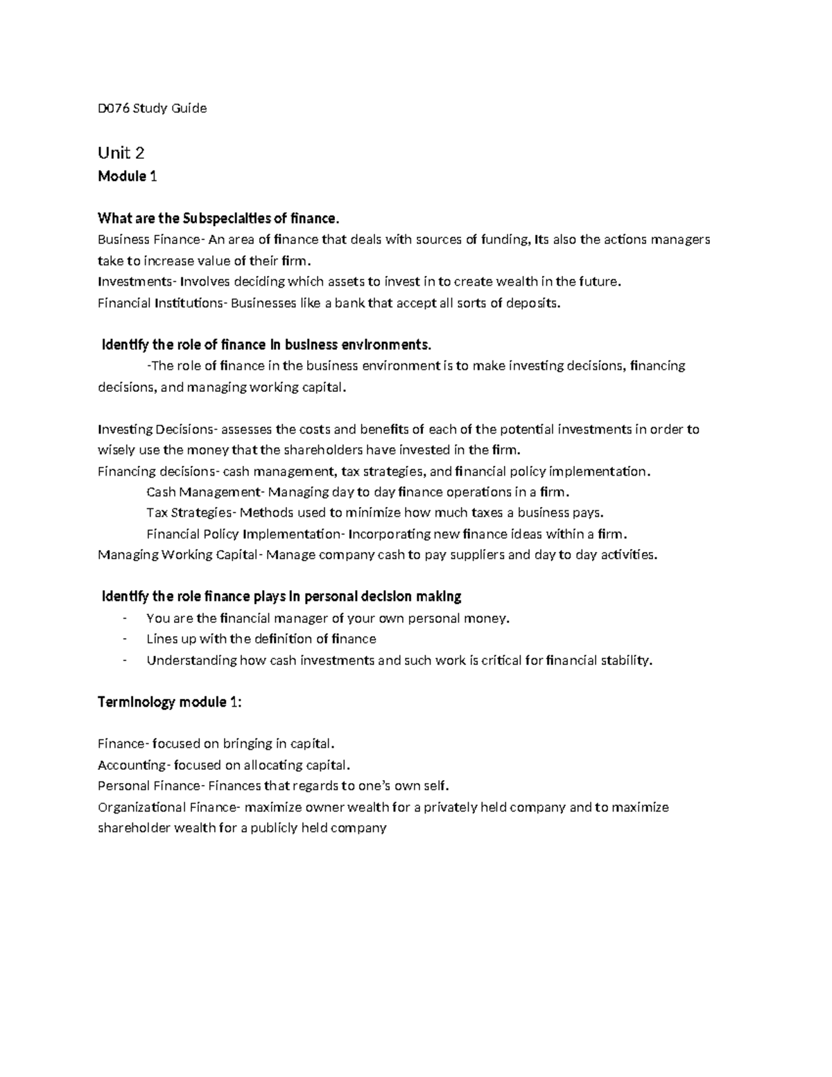D076 Study guide - D076 Study Guide Unit 2 Module 1 What are the ...