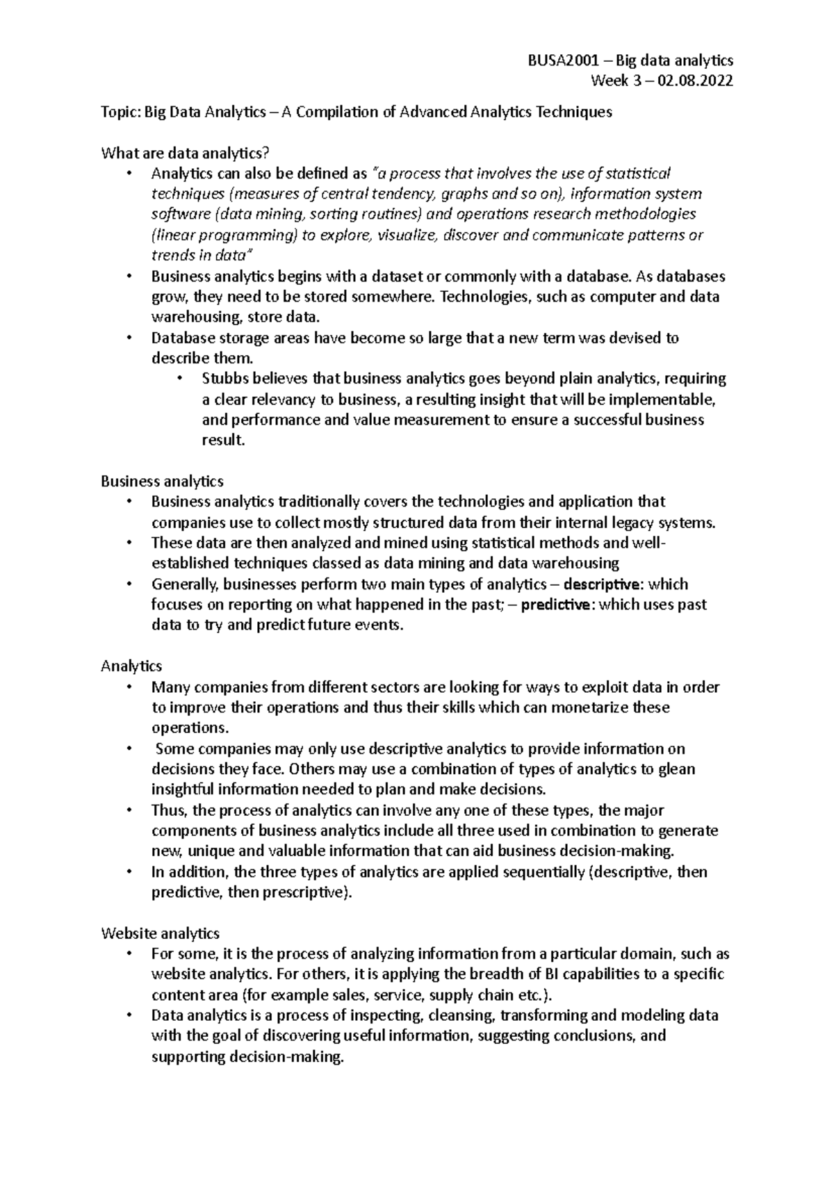 Week 3 notes - Week 3 – 02. Topic: Big Data Analytics – A Compilation ...