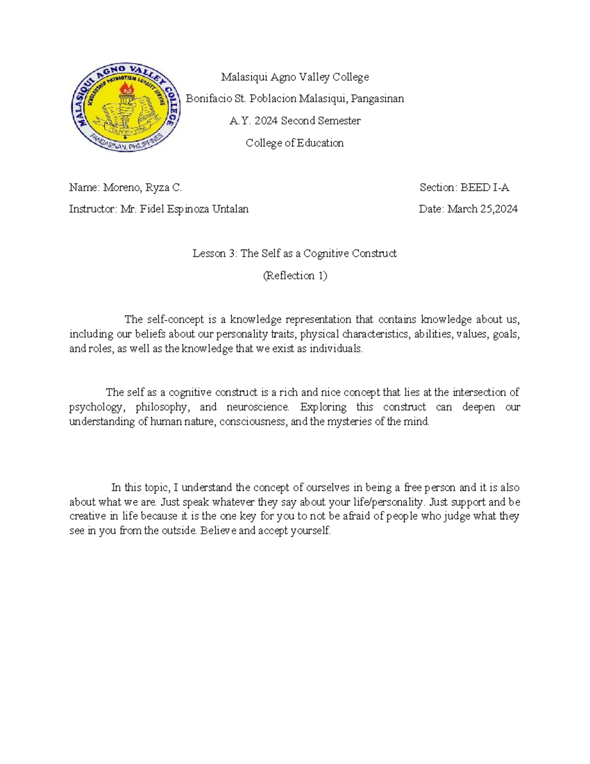 Emay reflection - Malasiqui Agno Valley College Bonifacio St. Poblacion ...