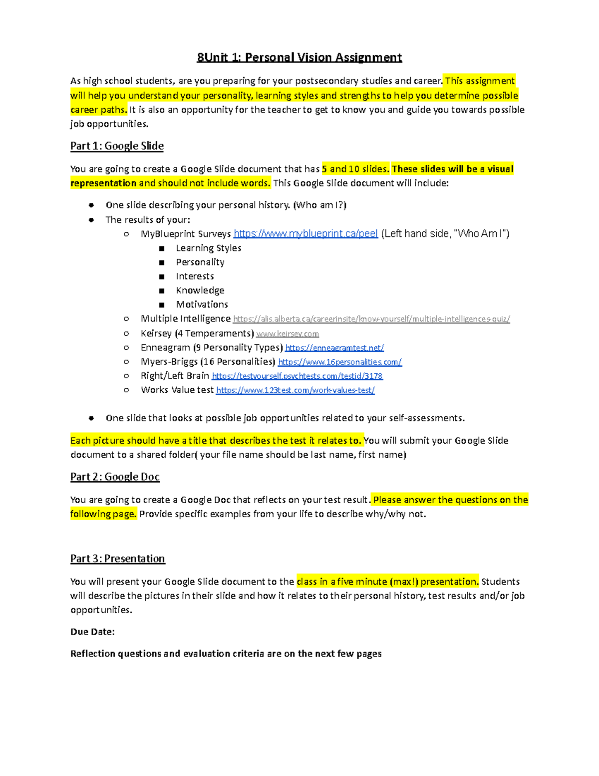 Unit 1. Personal Vision Assignment and Rubric 2018 - 8Unit 1: Personal ...