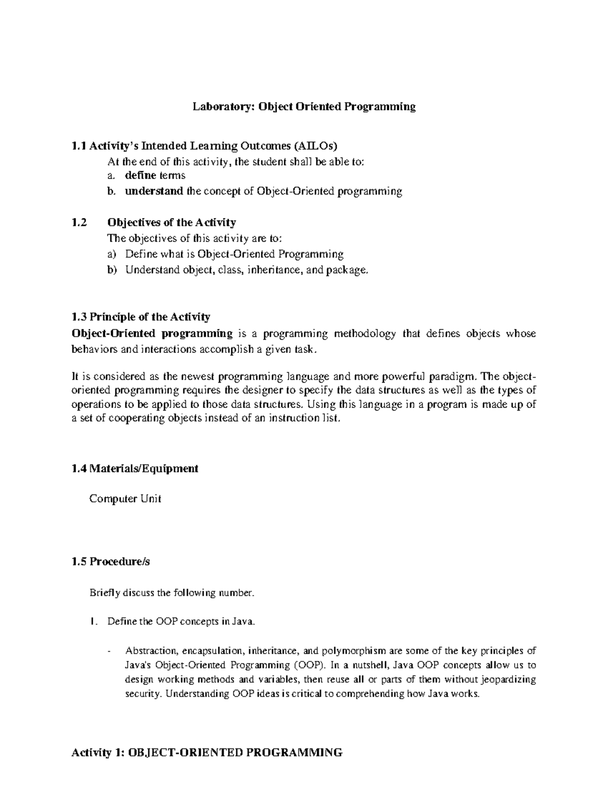 Laboratory Activity 1 Group 4 - Laboratory: Object Oriented Programming ...