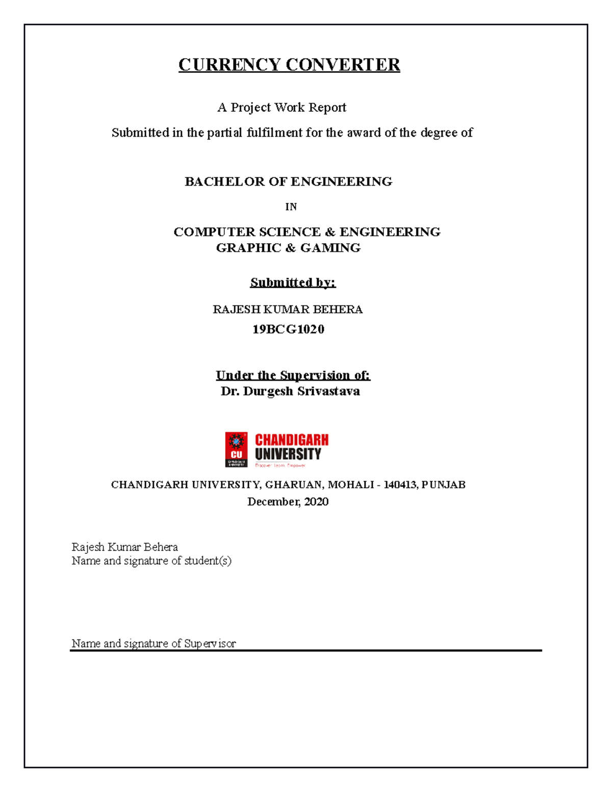 19BCG1020- Rajesh Kumar Behera(JAVA Project) - CURRENCY CONVERTER ####### A Project Work Report ...