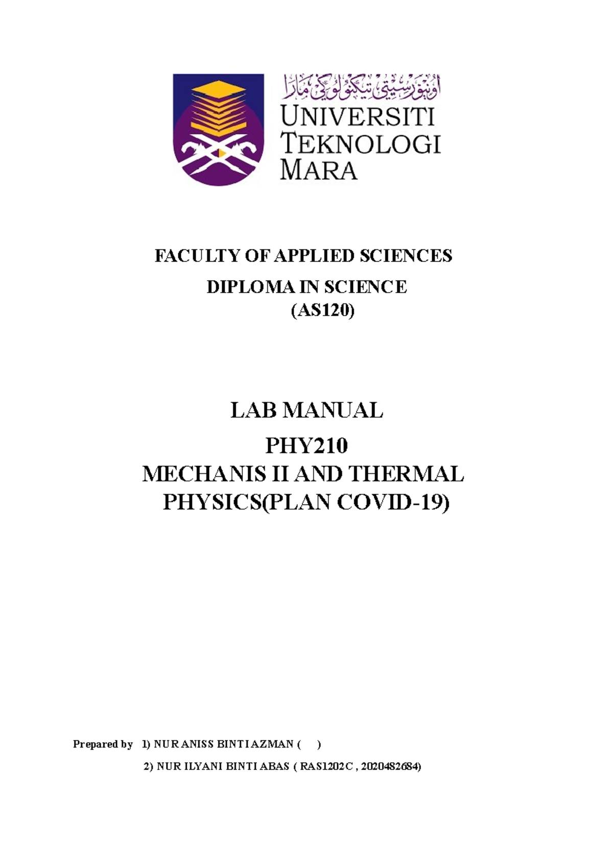 LAB PHY 210 assignments - FACULTY OF APPLIED SCIENCES DIPLOMA IN SCIENCE (AS120) LAB MANUAL PHY ...