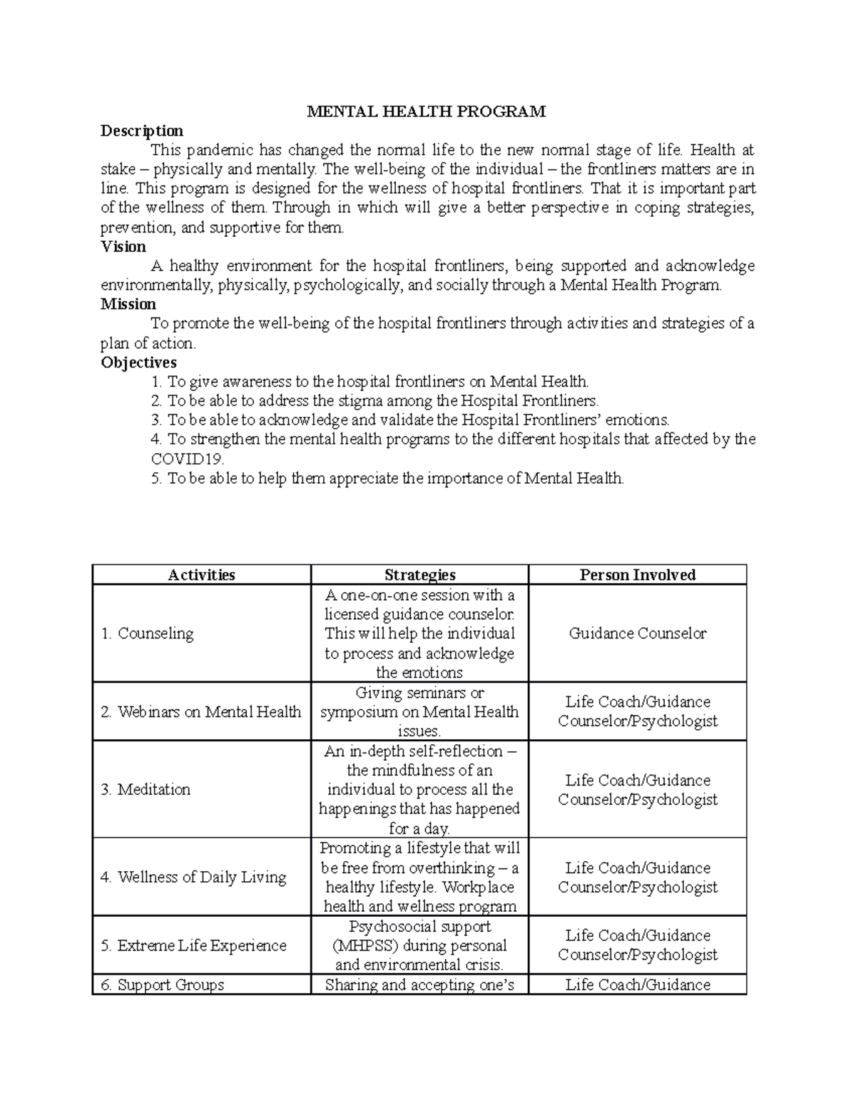 Mental Health Program - MENTAL HEALTH PROGRAM Description This pandemic ...