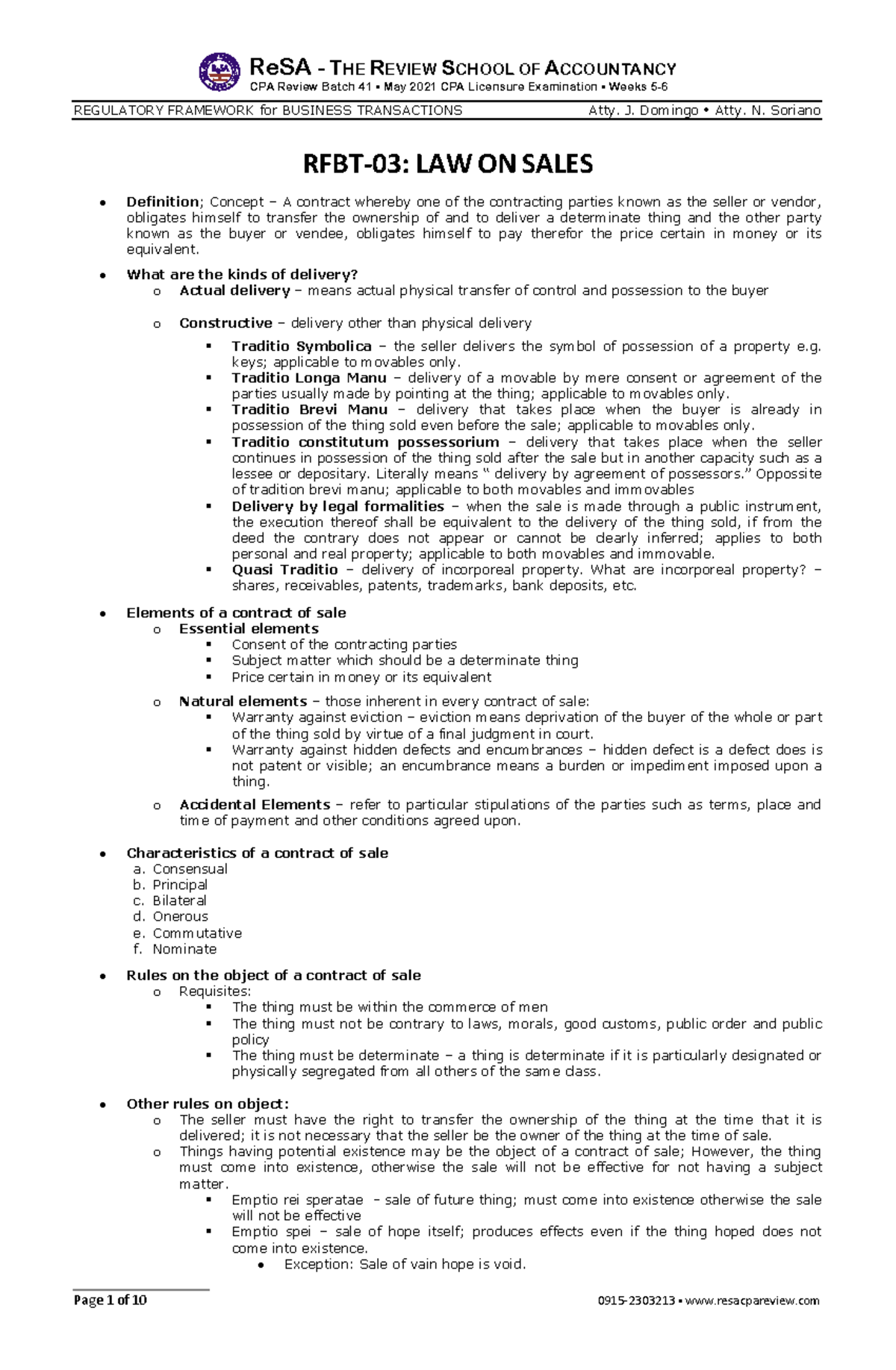 RFBT-03 (Law on Sales) - Business Law - BS Accountancy - MSU Main - Studocu