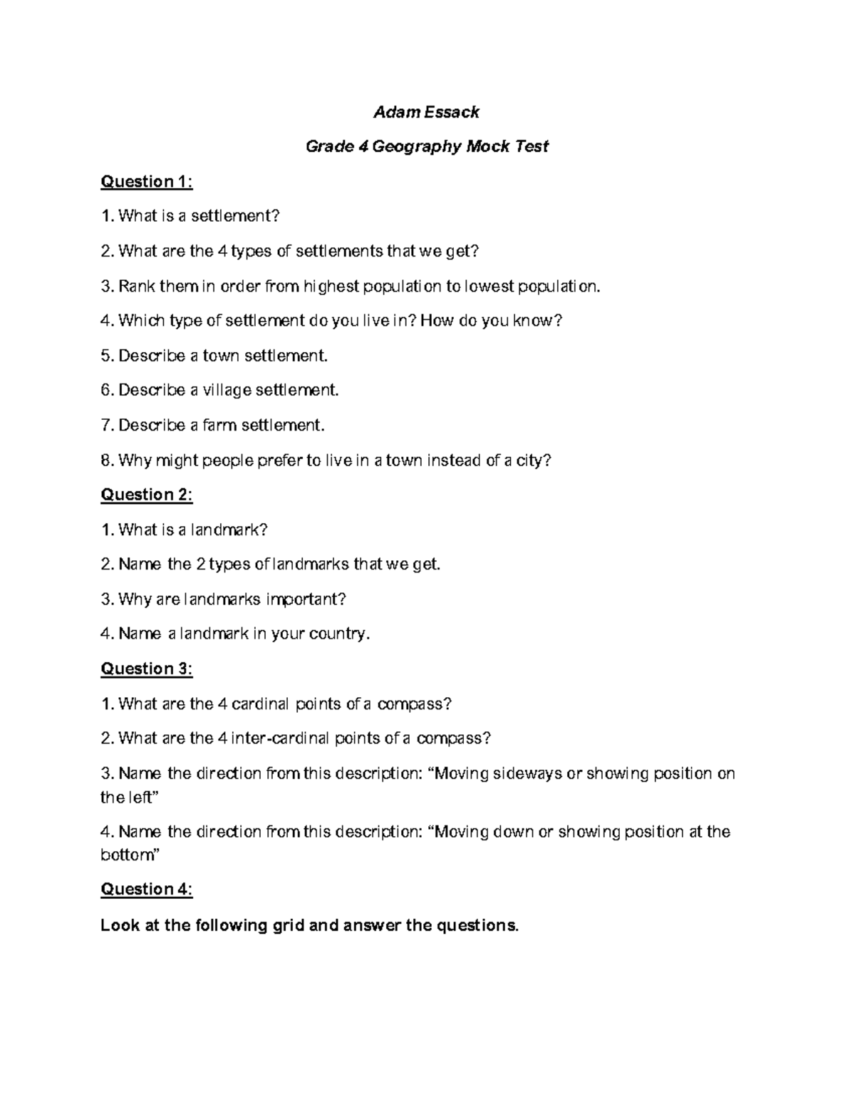 Grade 4 Mock geog test - Adam Essack Grade 4 Geography Mock Test ...