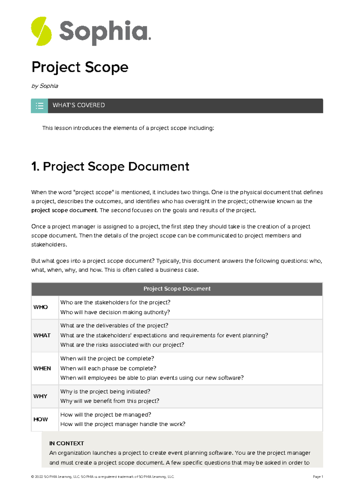 Project-scope-5 - Challenges 1.2 - Project Scope by Sophia This lesson ...