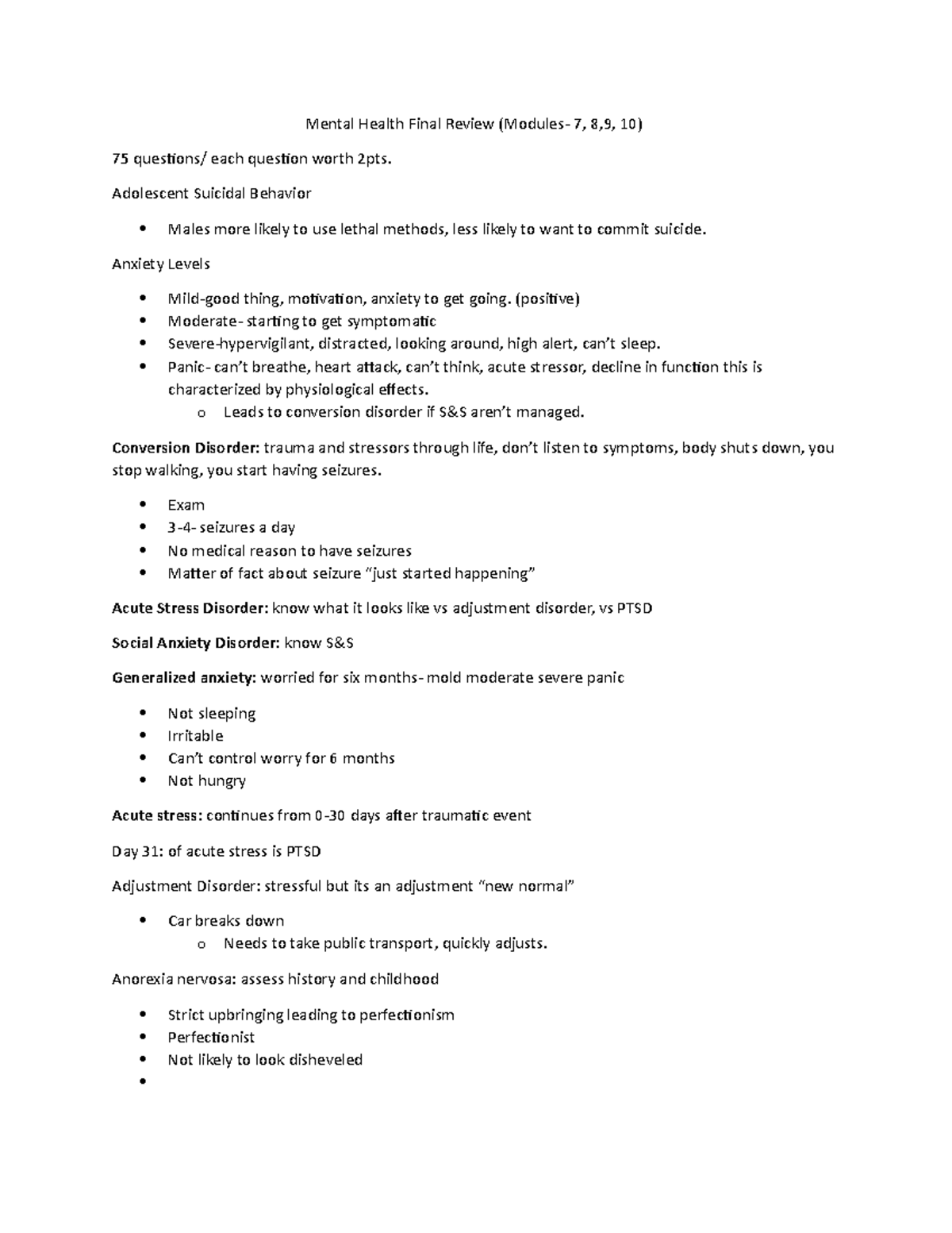 Mental Health Final Review 2020 - Mental Health Final Review (Modules ...