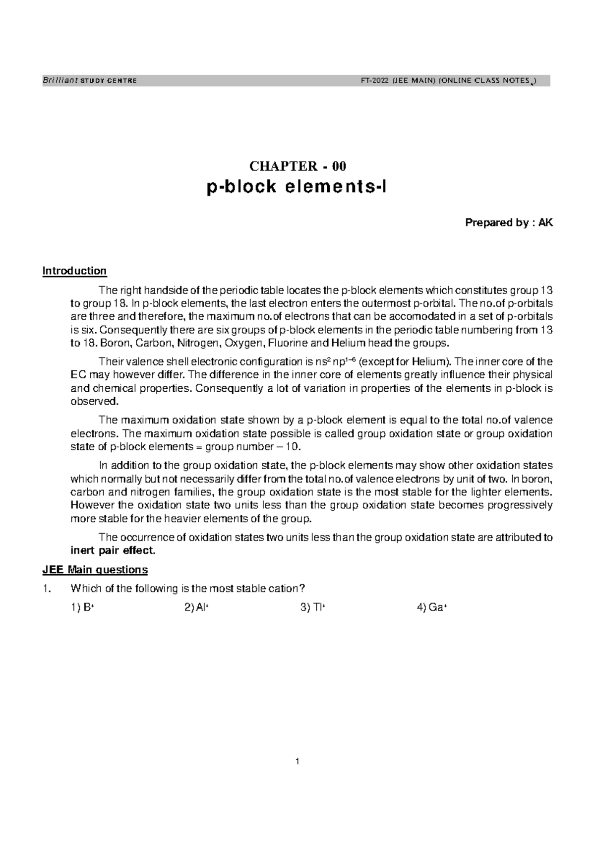 P Block - CHAPTER - 00 p-bloc k e le m e nt s-I Introduction The right ...