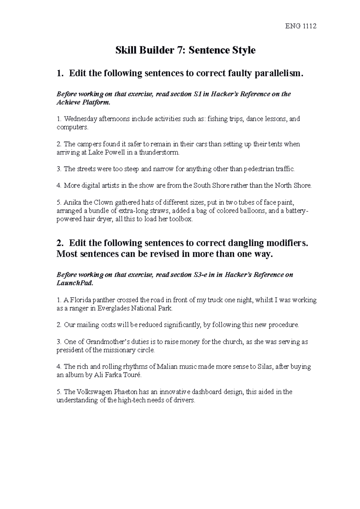 Skill Builder 7 Sentence Style - ENG 1112 Skill Builder 7: Sentence ...