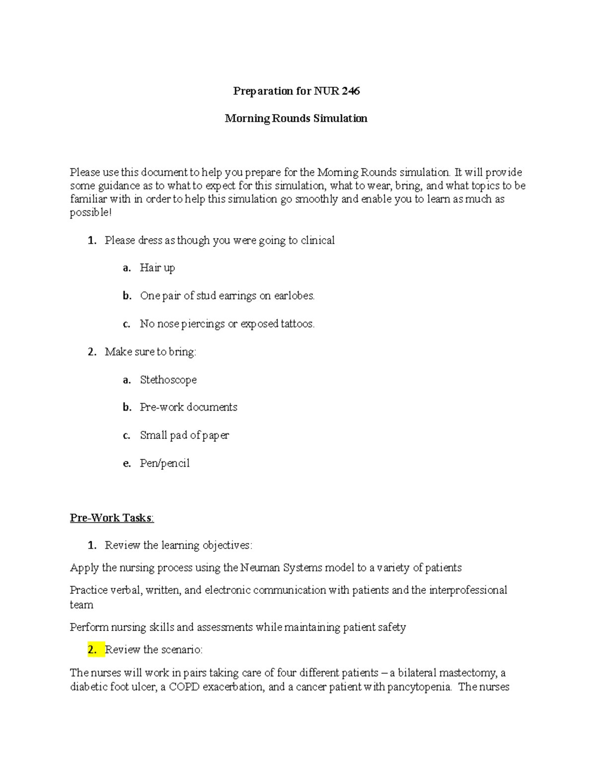 246 Daily Routine Prework MB - Preparation for NUR 246 Morning Rounds ...