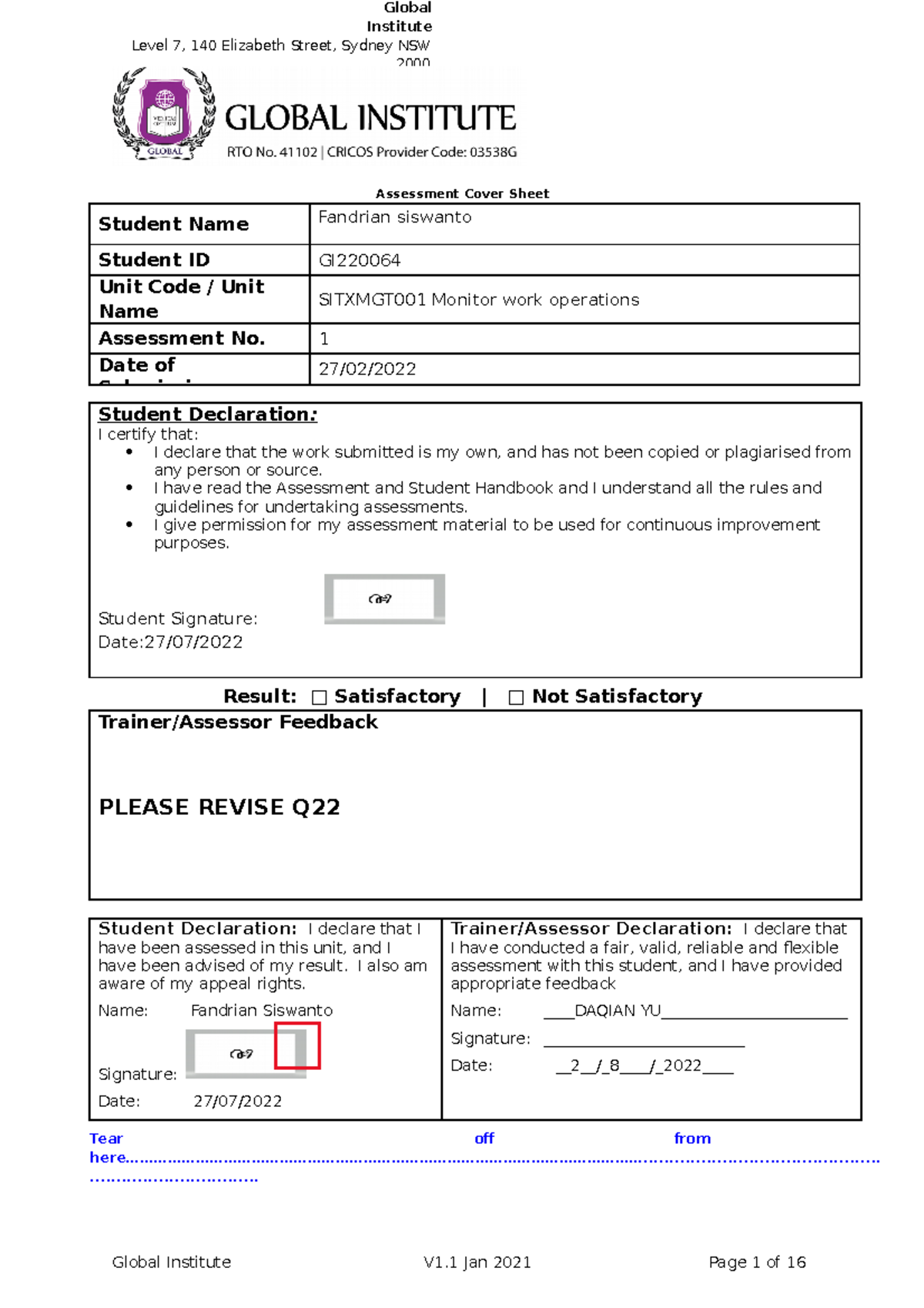 NS Sitxmgt 001 Assessment task 1 global V1.1 Jan 21 - Global Institute Level 7, 140 Elizabeth ...