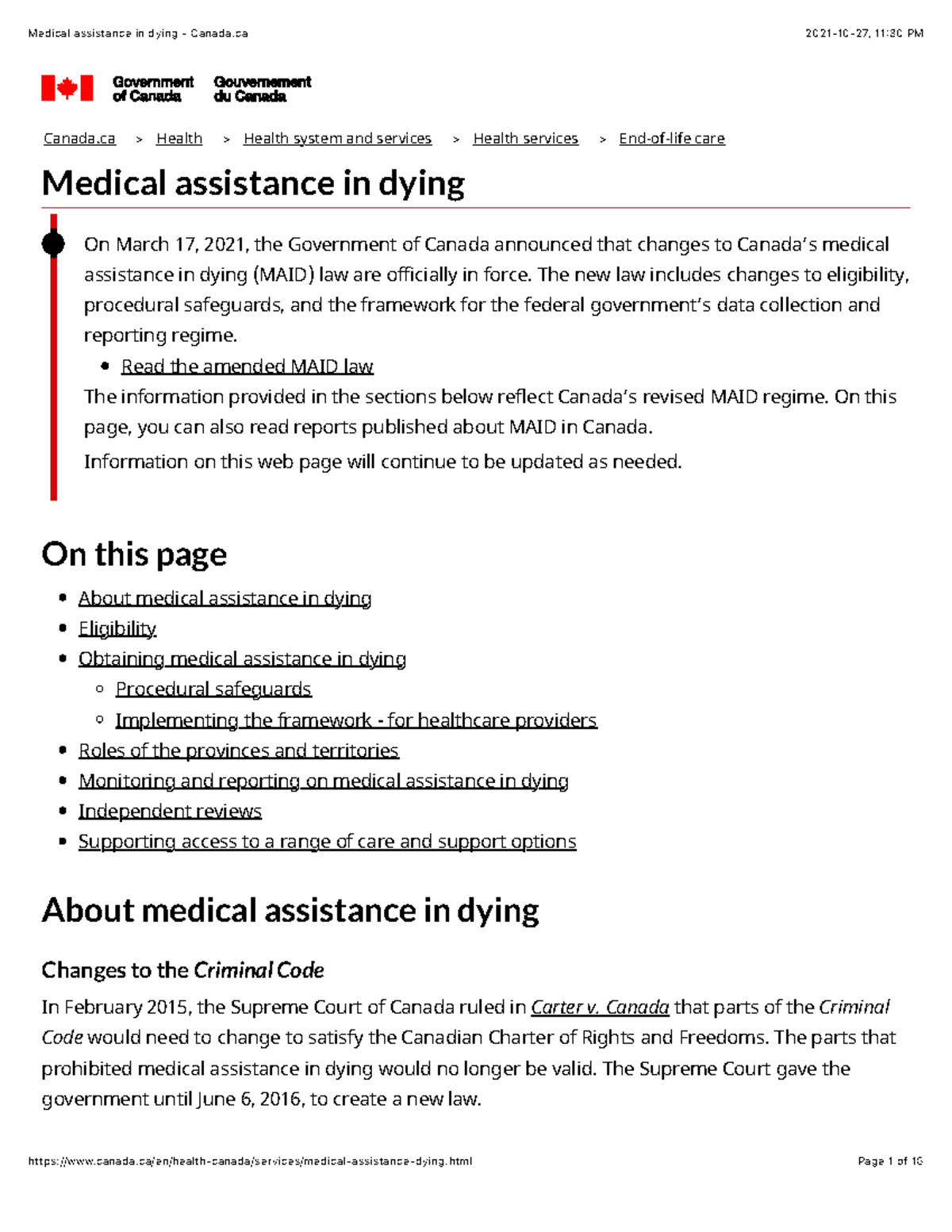 Wk 7D-Medical assistance in dying - Canada - Canada > Health > Health ...