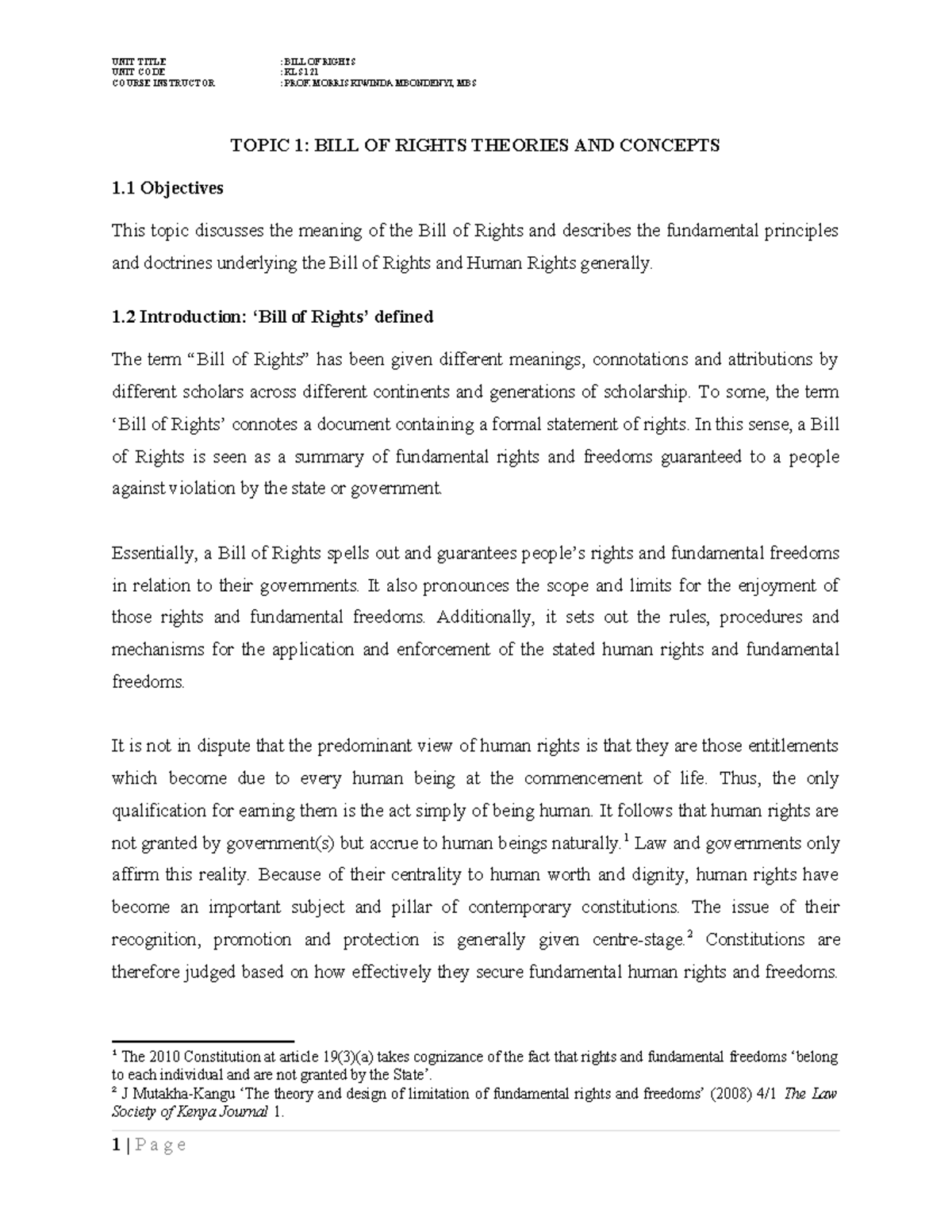 Topic 1 Billl OF Rights Theories AND Concepts - UNIT CODE : KLS 121 ...