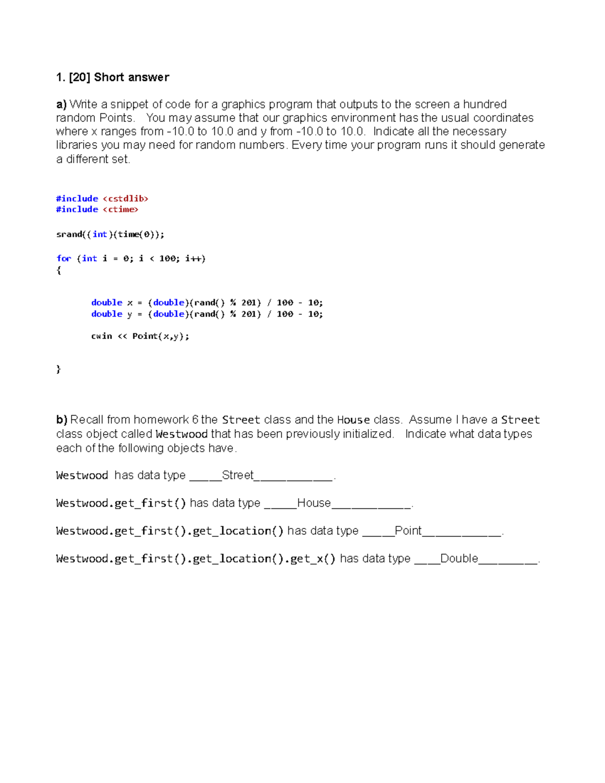 MT2 winter - solutions - [20] Short answer a) Write a snippet of code ...