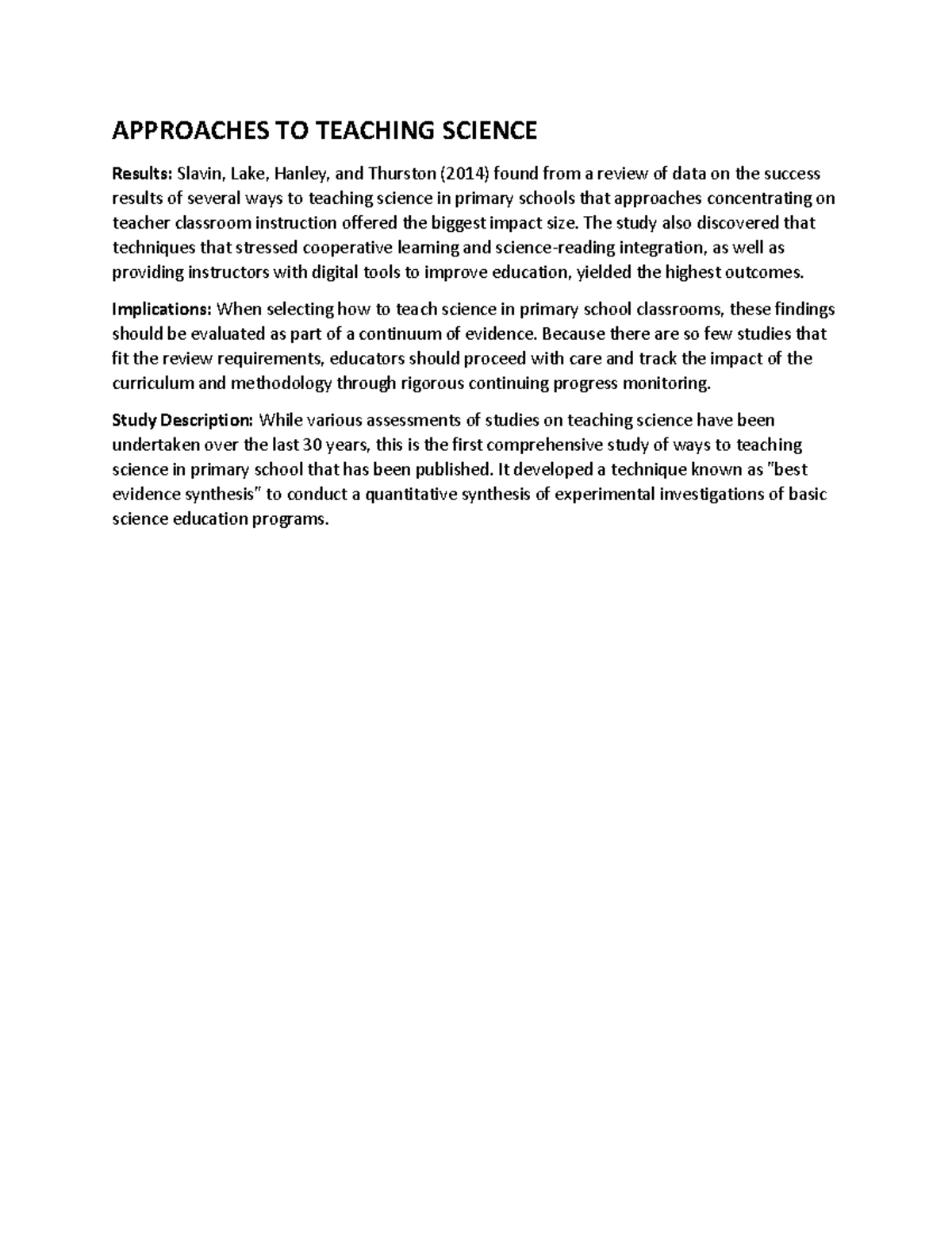 Approaches TO Teaching Science - APPROACHES TO TEACHING SCIENCE Results ...