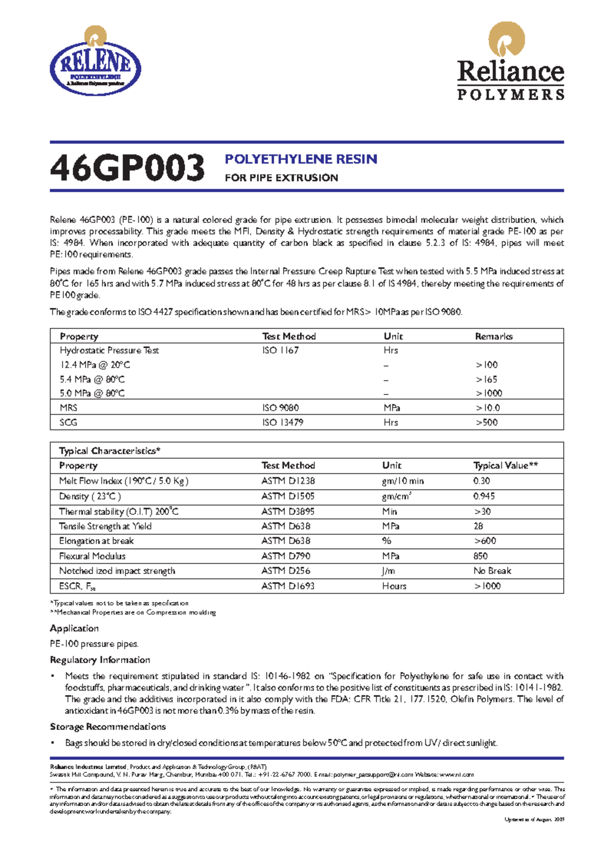 Reliance HDPE PE100 PIPE 46GP003 - 46GP POLYETHYLENE RESIN FOR PIPE ...