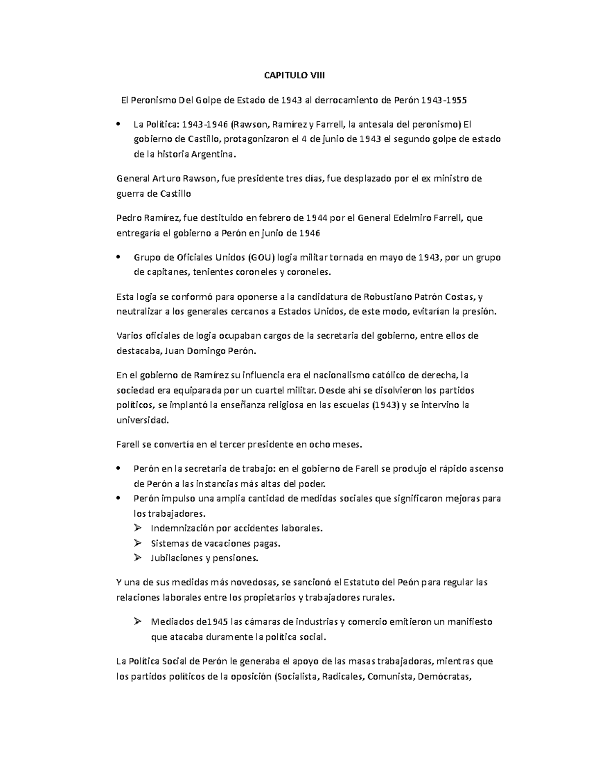 Capitulo VIII - Cs Sociales - CAPITULO VIII El Peronismo Del Golpe de Estado de 1943 al - Studocu
