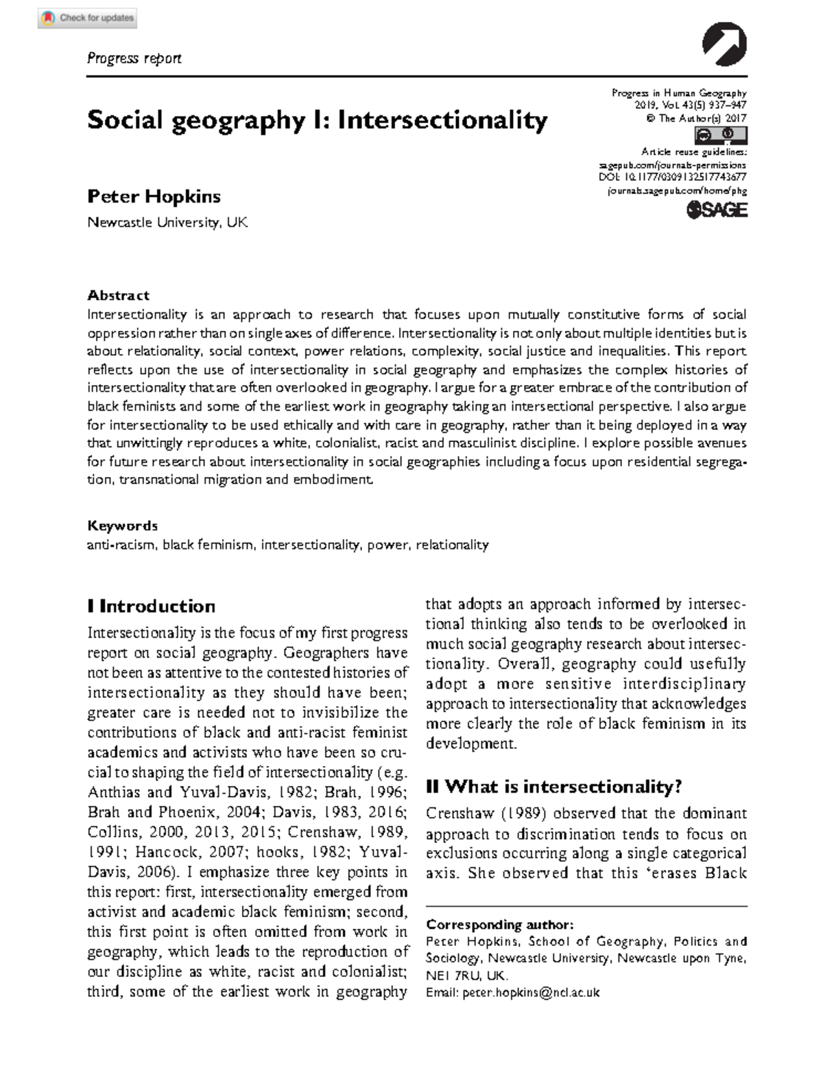 09 Identity and intersectionality - Progress report Social geography I ...