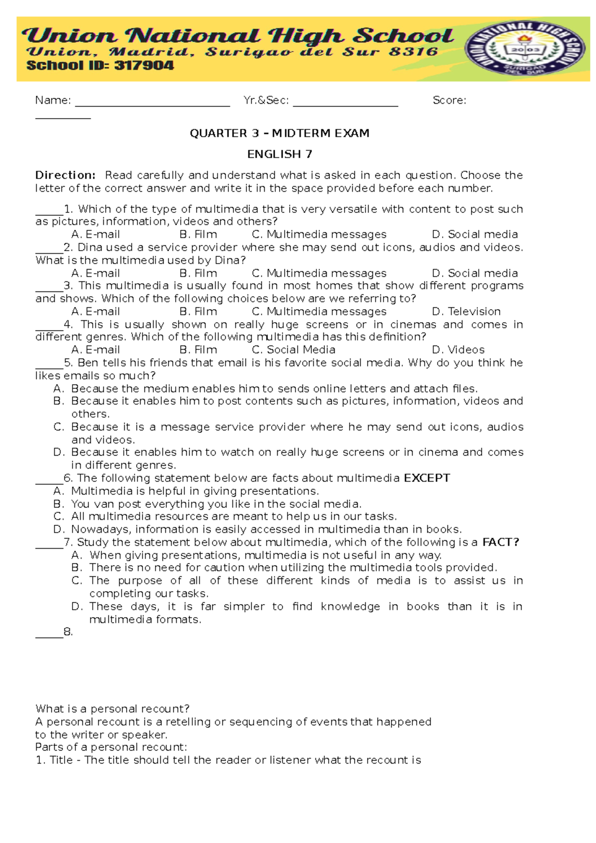 English 7-Periodical Examination - Name ...