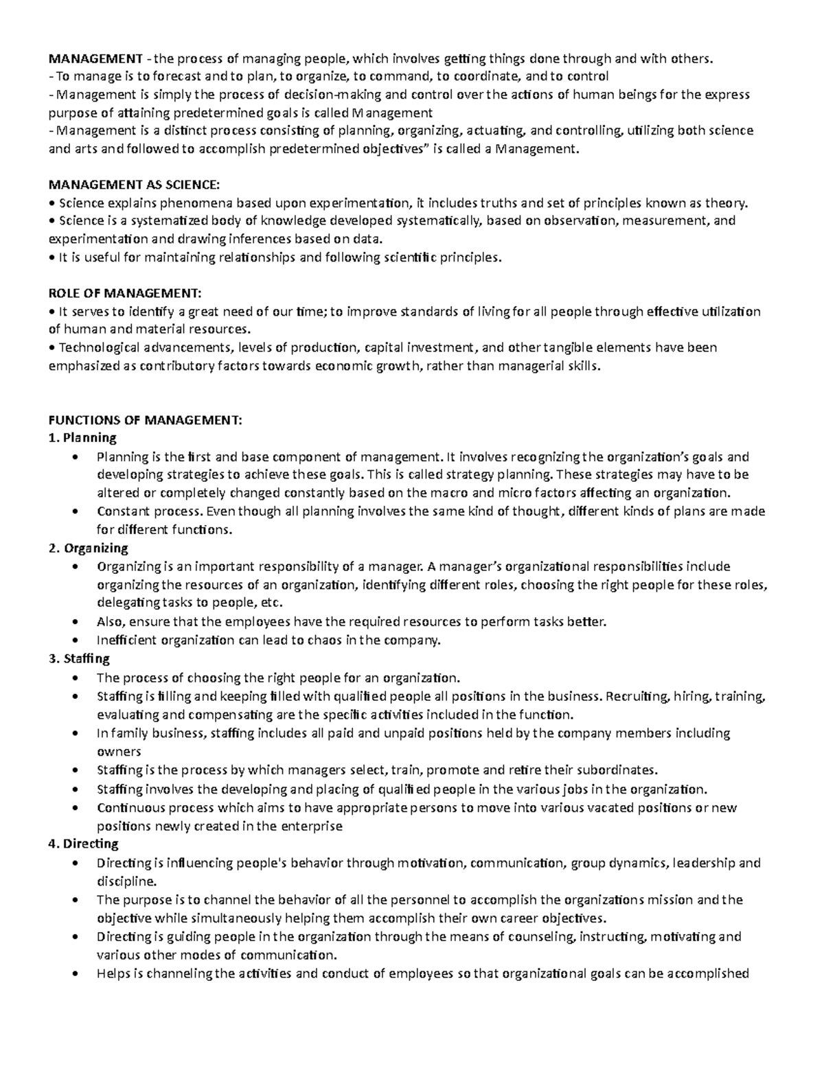 MGT-SCI- Notes - MANAGEMENT - the process of managing people, which ...