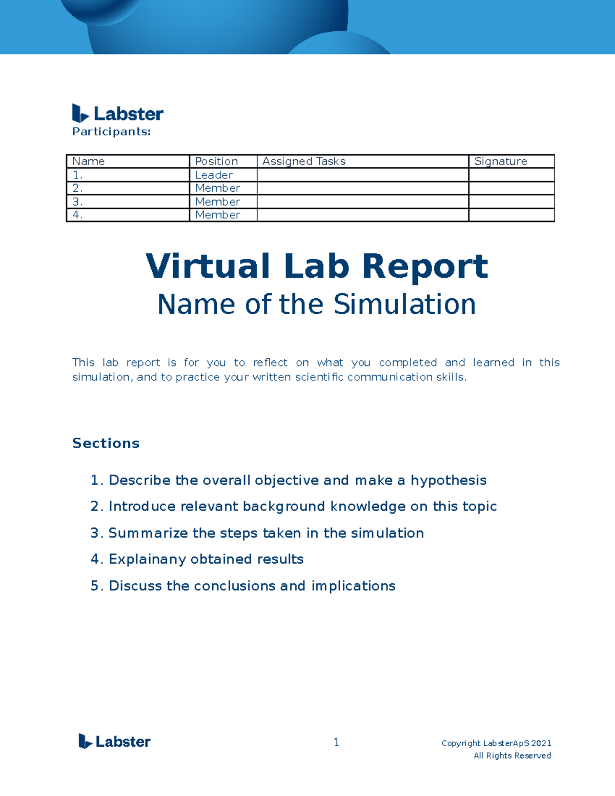 Virtual Lab Report Template-2 - Participants: Name Position Assigned ...