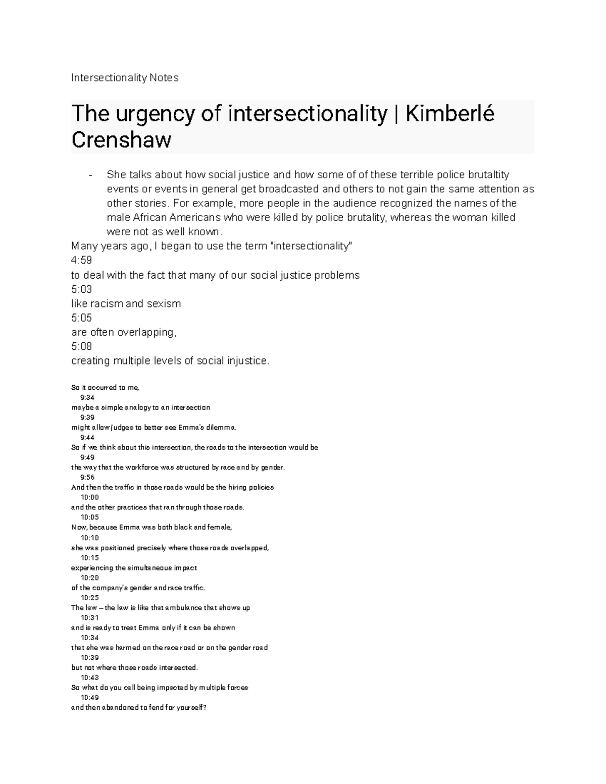 SOCI- Intersectionality Notes - Intersectionality Notes The urgency of ...